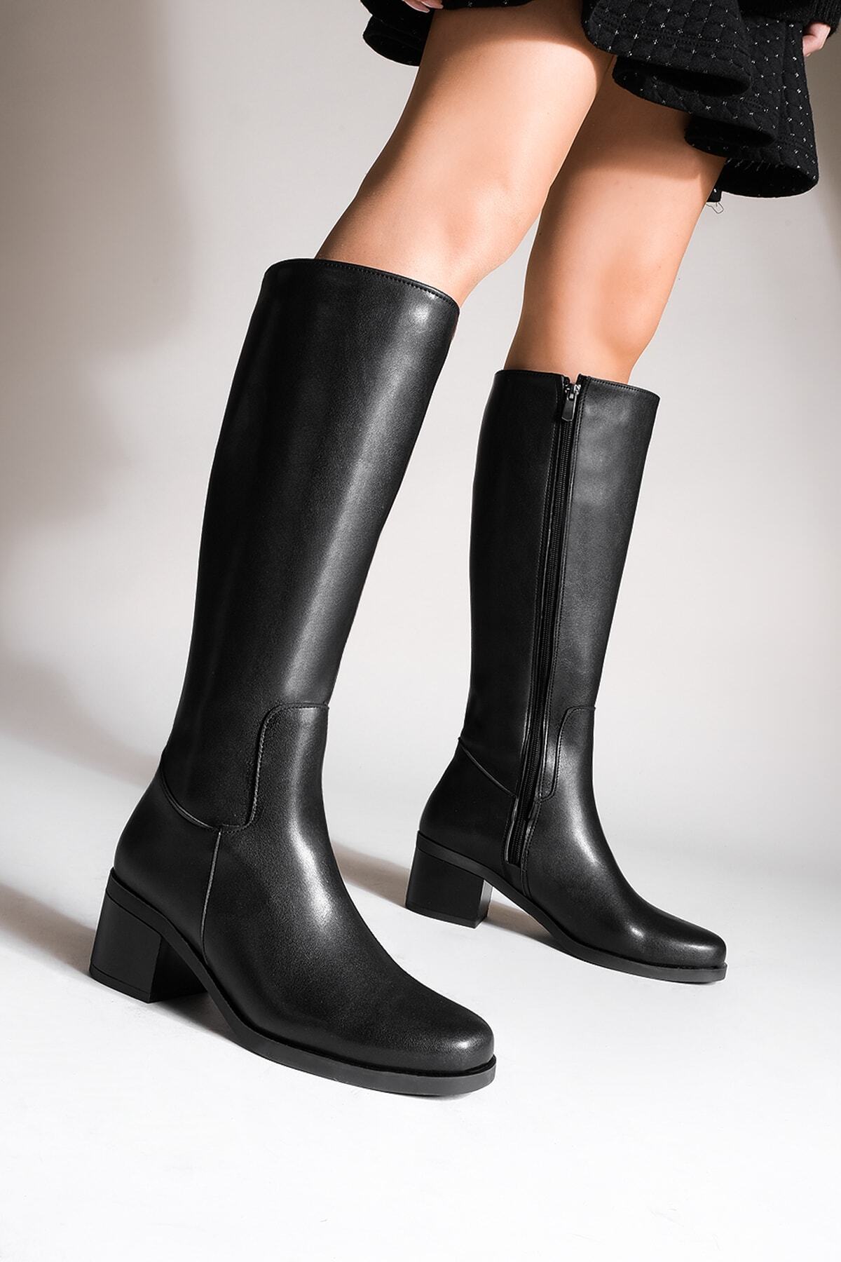 Marjin Kadın Topuklu Çizme Dizaltı Fermuarlı Günlük Klasik Çizme Yovar ...