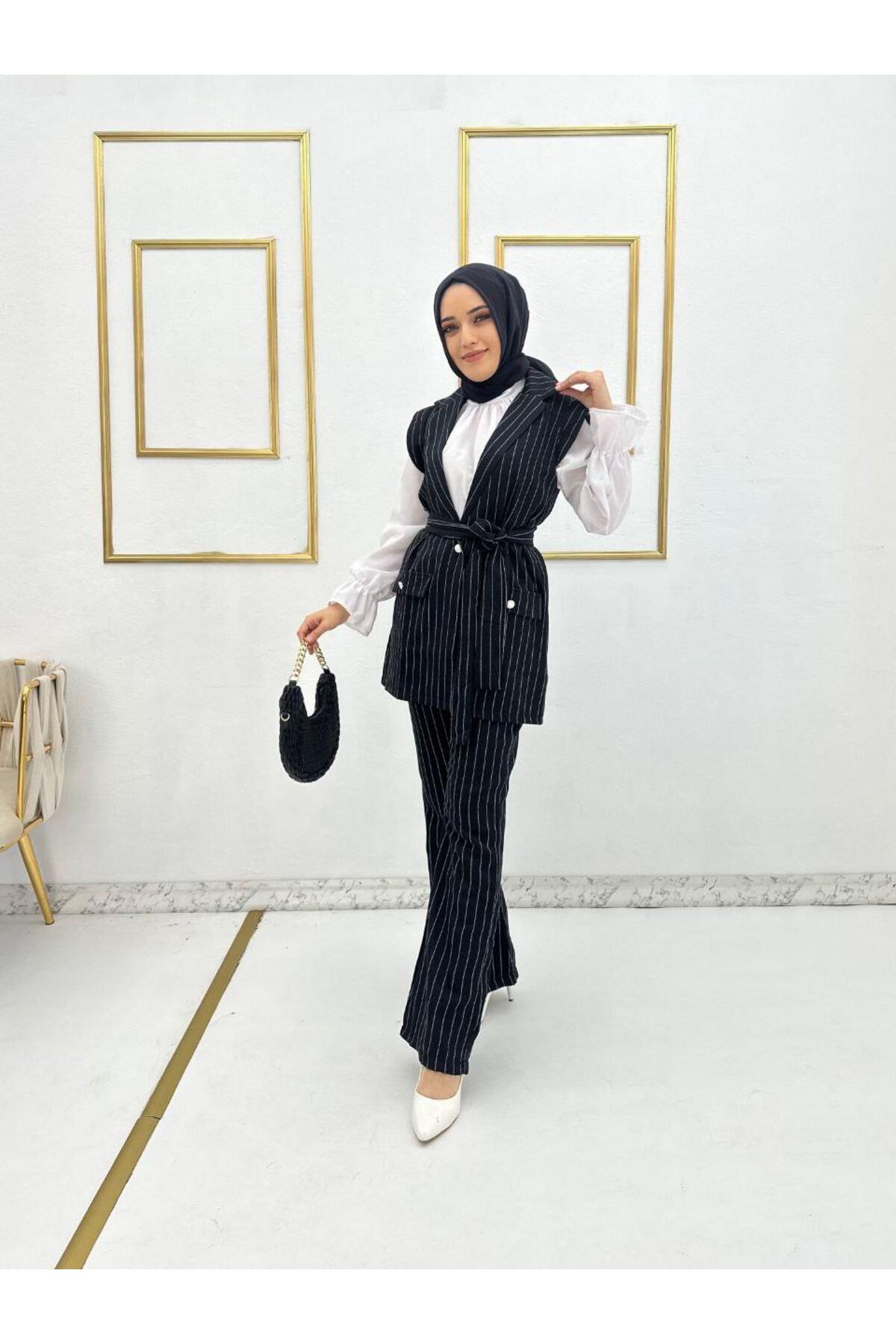 moda periy Kadın Çizgili Yelek Pantolon ikili takım Tesetttür Kombin ...