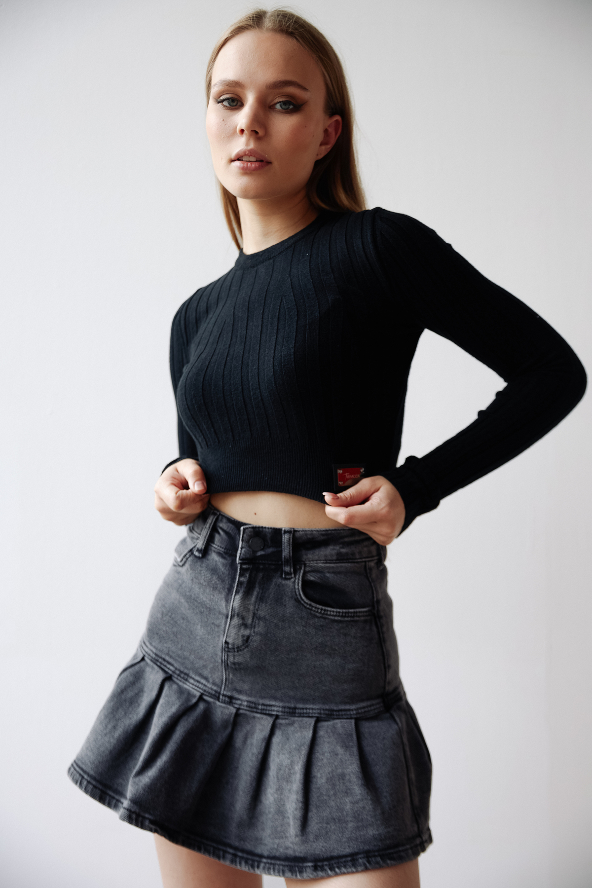 THIMOON Siyah Yüksek Bel Pileli Mini Denim Etek - Fiyatı, Yorumları