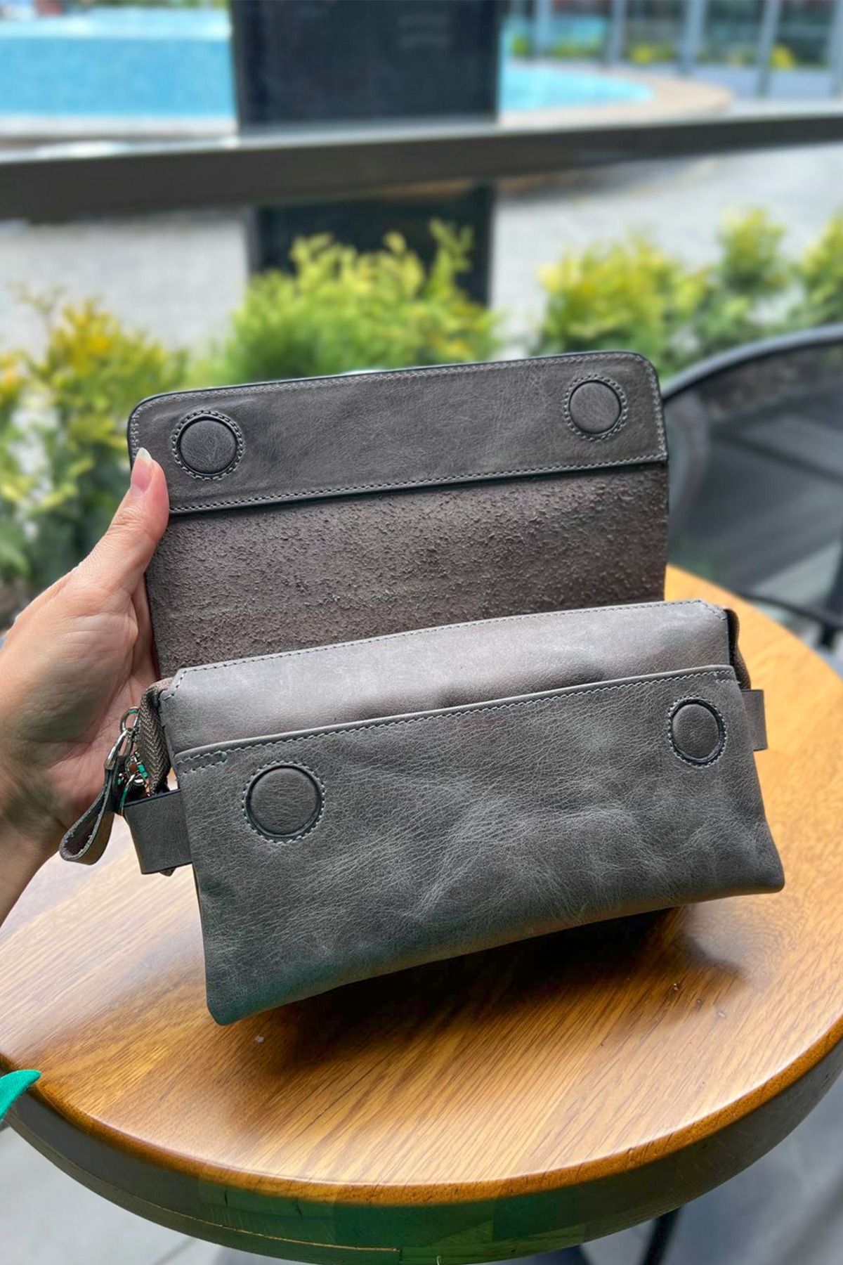 Noppa Unisex Gray Genuine Leather Bag - Zippered, Magnet and Phone ...