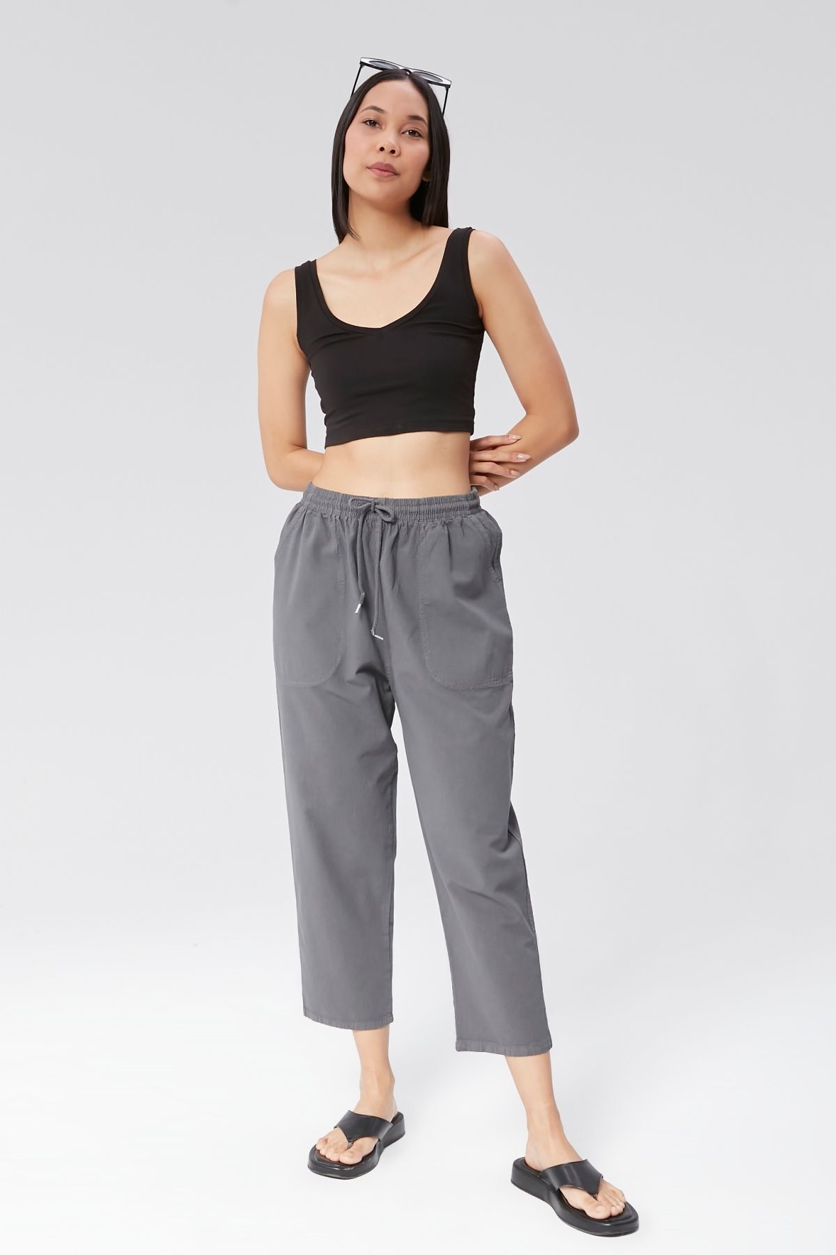 MONAHA Kadın Duman Gri Yüksek Bel Beli Lastikli Keten Görünümlü %100 ...