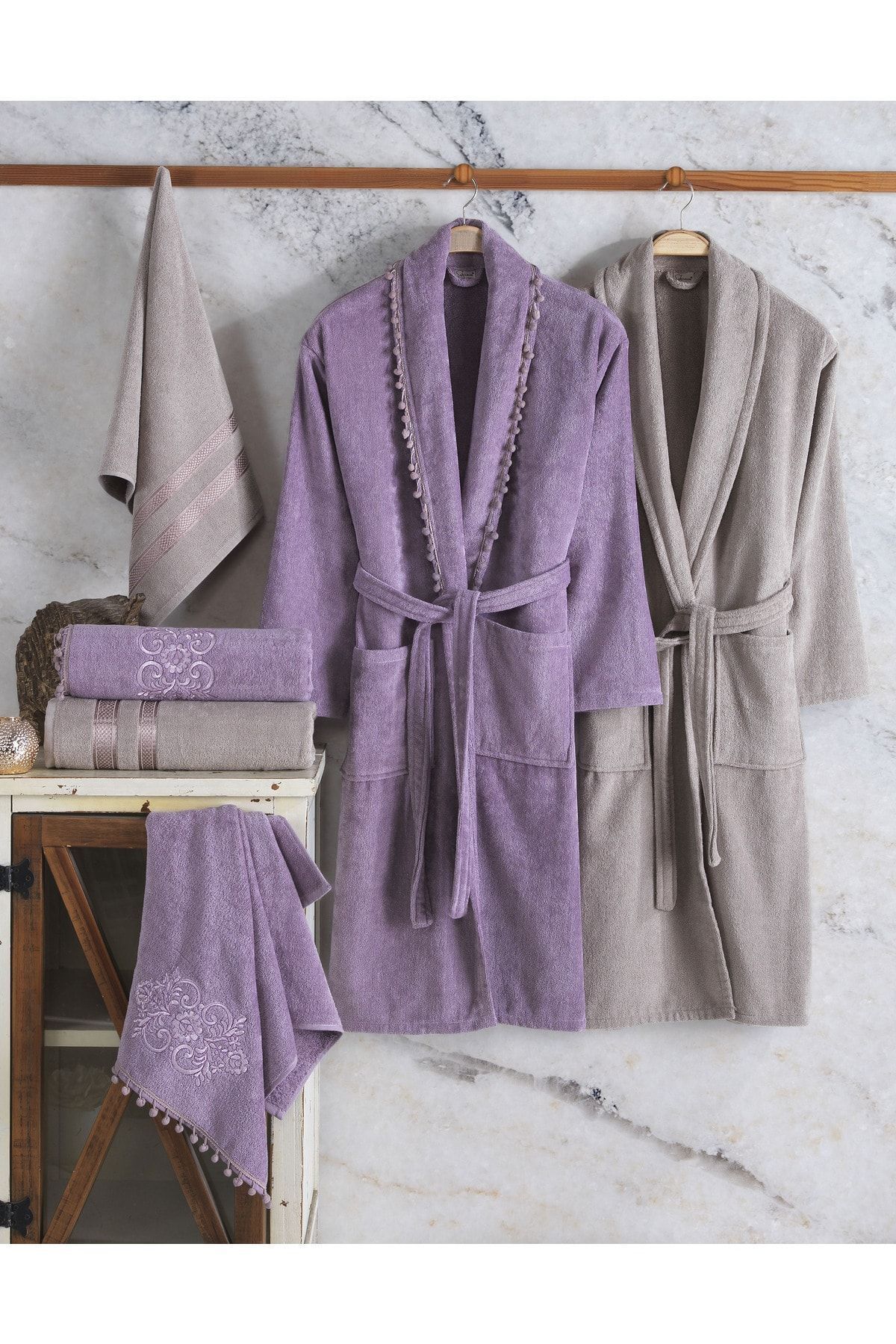 OYALI TEXTİLE LÜKS %100 Pamuk Aile Bornoz Seti Çeyizlik Bornoz Takımı ...