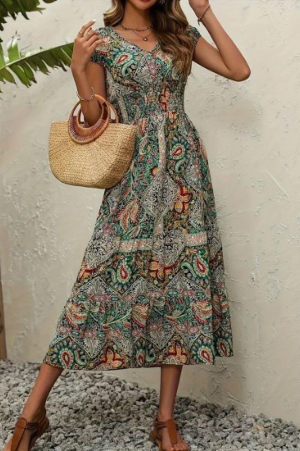 Mossta Etnik Desen Midi Boy Süprem Elbise Yeşil Fiyatı, Yorumları - Trendyol