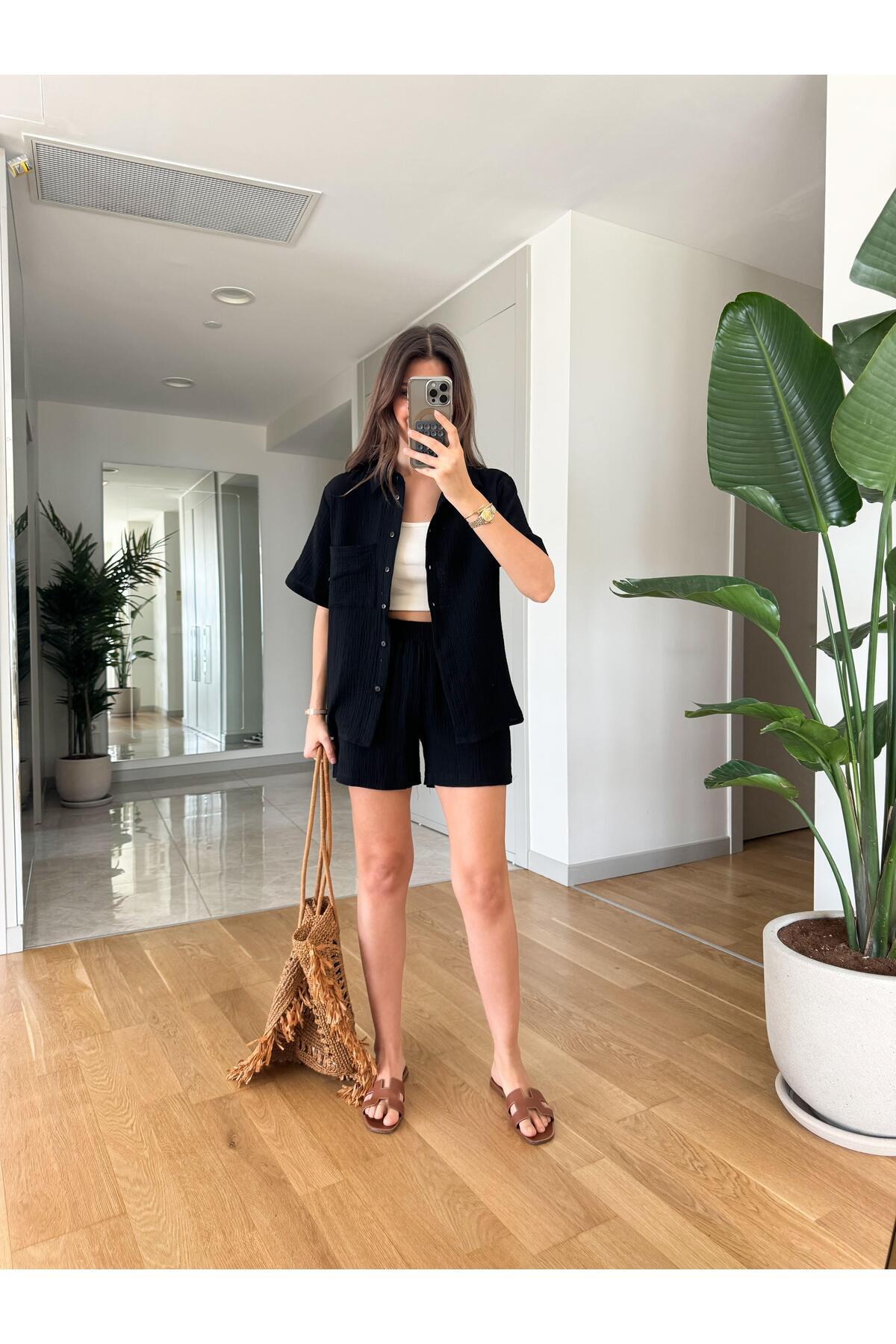 MERVE AKSOY Şortlu Kısa Kol Gömlekli Müslin Takım-Siyah Fiyatı ...