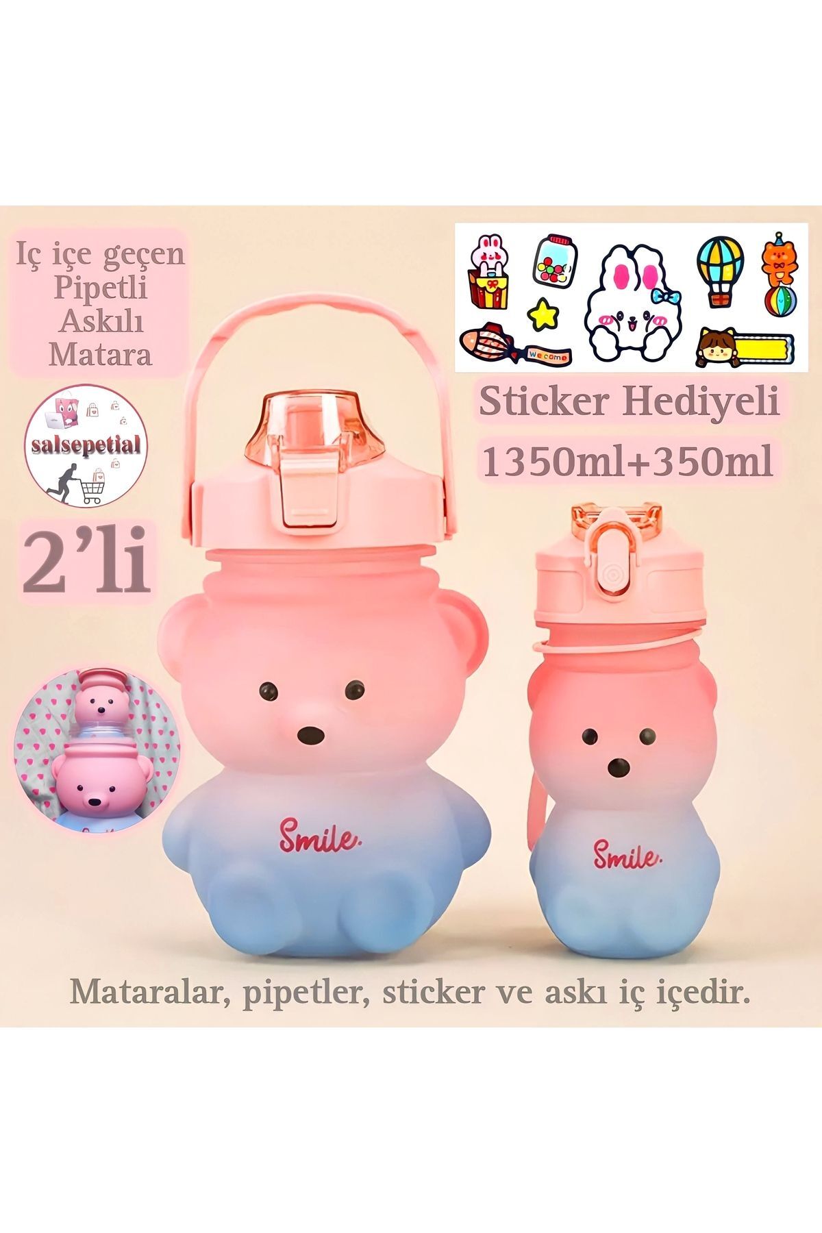 Salsepetial 2'li Ayıcık Su Matarası Ayıcıklı Suluk Figürlü Su Şişesi ...