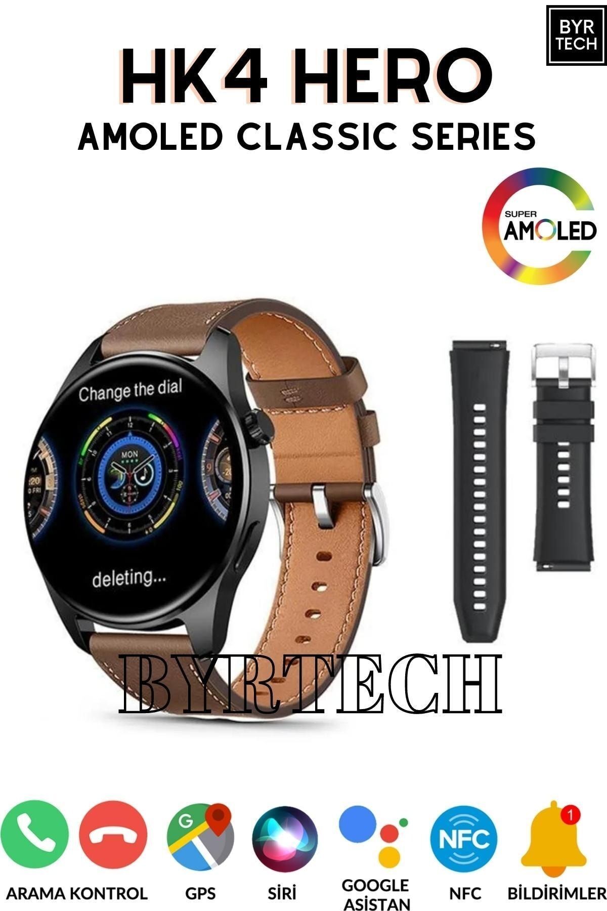 BYRTECH Hk4 Hero Amoled Ekran Gps/nfc/siri Destekli Deri Kordonlu Akıllı Saat - Fiyatı, Yorumları