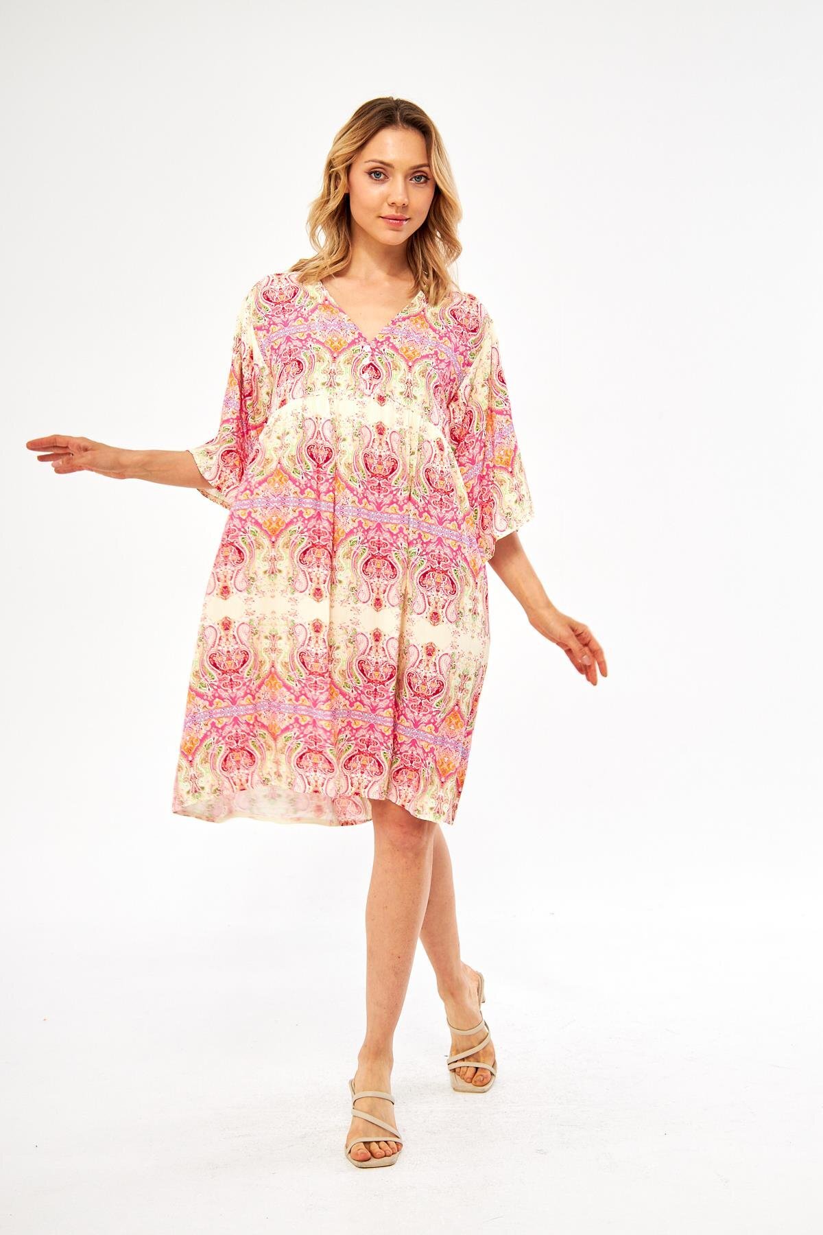 OPİAH BOUTİQUE ÖNÜ DÜĞMELİ V YAKA ŞAL DESENLİ İTALYAN MİNİ ELBİSE ...