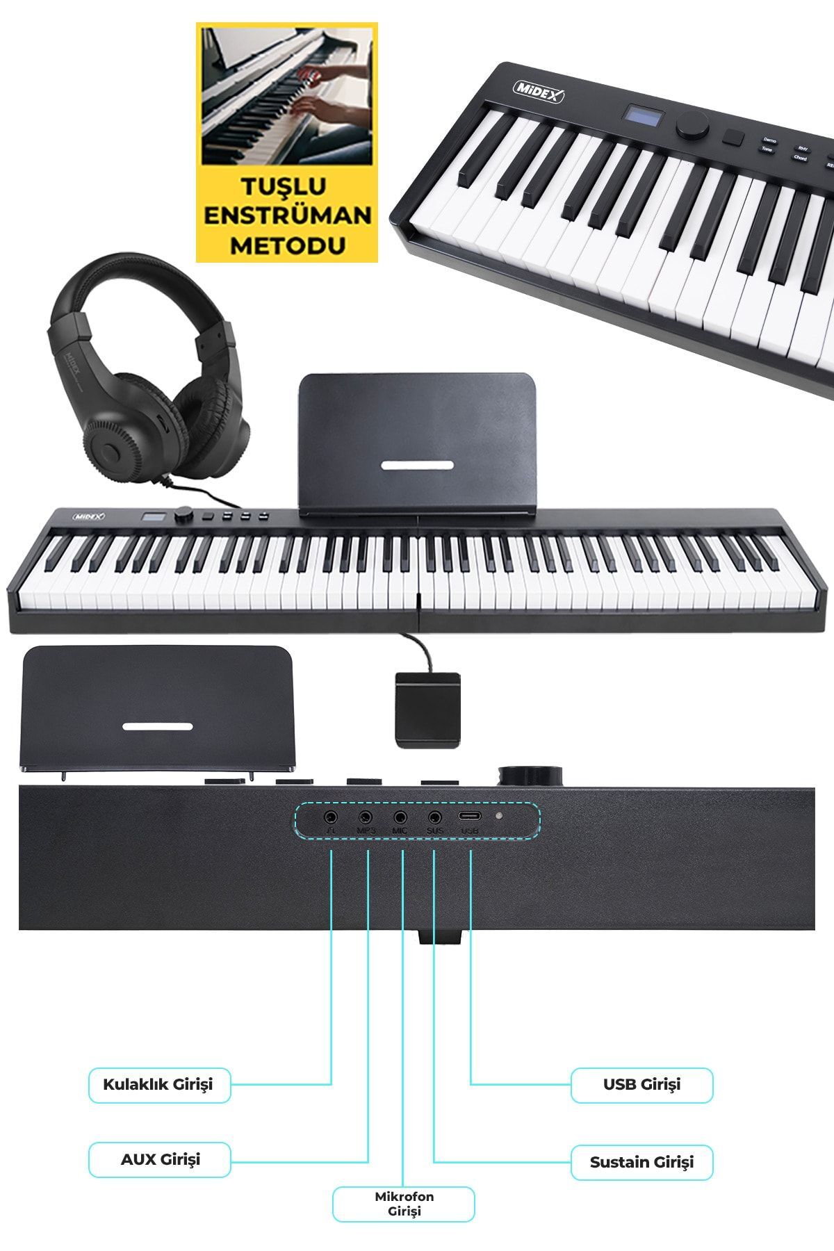 Midex Plx-100bk Taşınabilir Dijital Piyano Tuş Hassasiyetli 88 Tuş Bluetooth Şarjlı Full Set ...