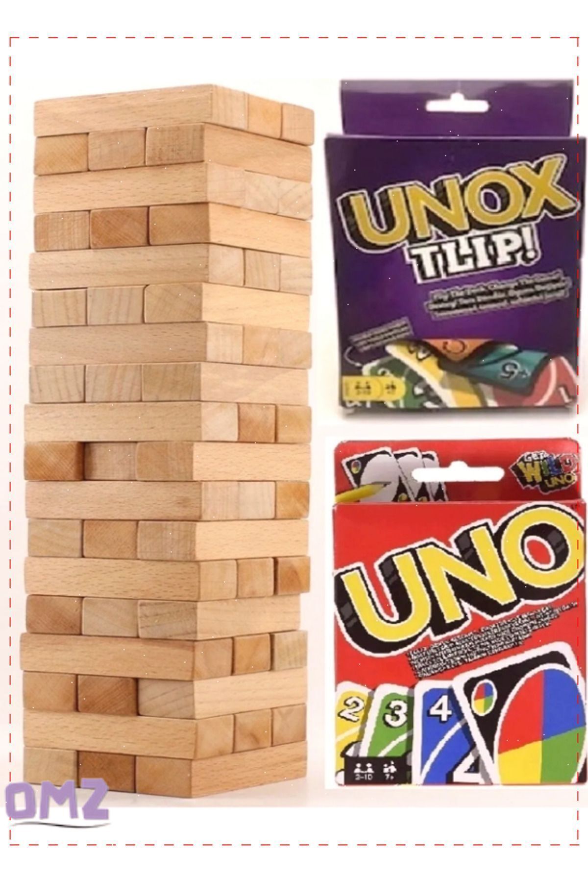 OMZ 54 Parça Ahşap Jenga Denge Oyunu Uno Kart Oyunu Unox Flip Kart ...