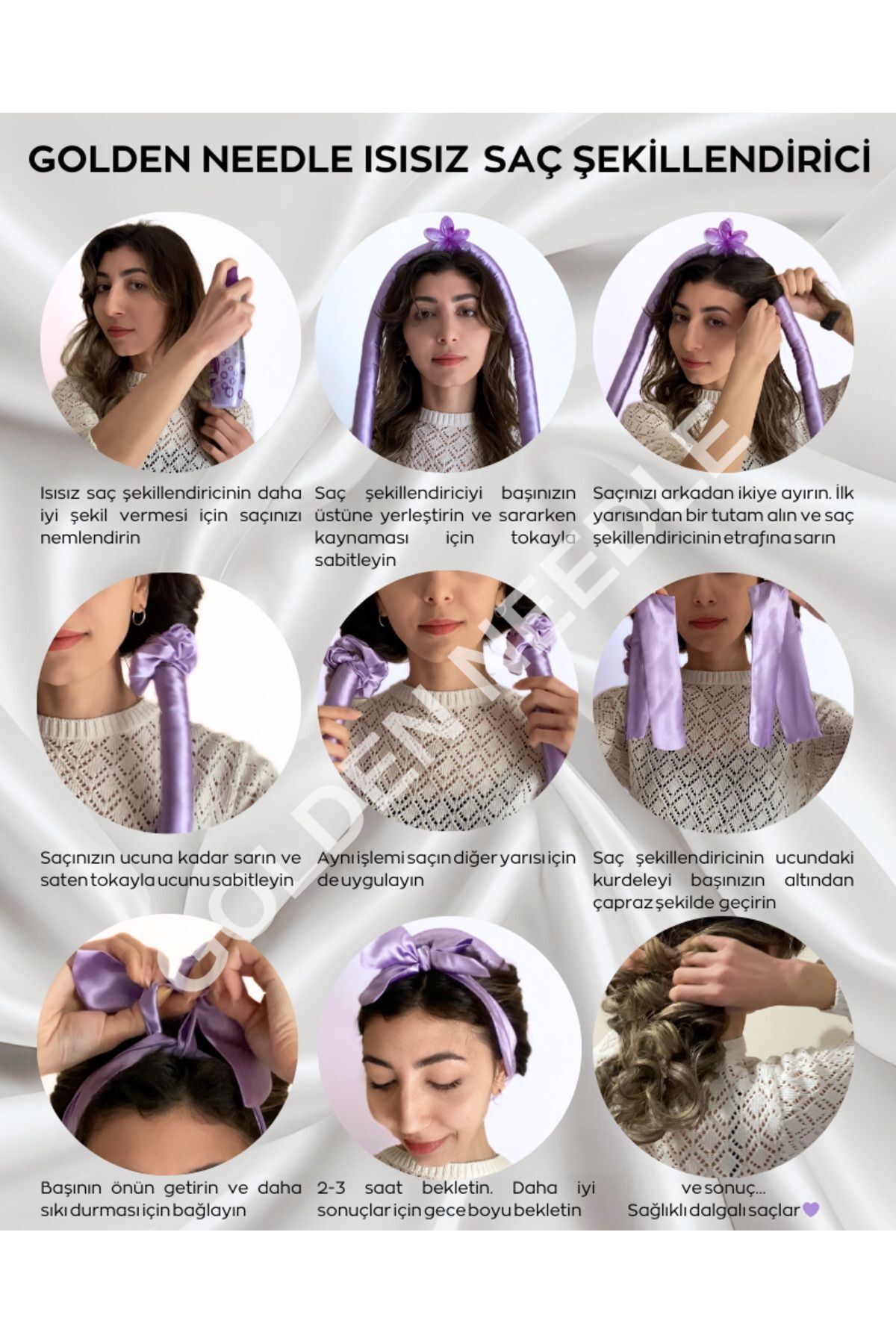 Golden Needle Saten Isısız Saç Şekillendirici Saç Sosisi Mor- Fiyonklu ...