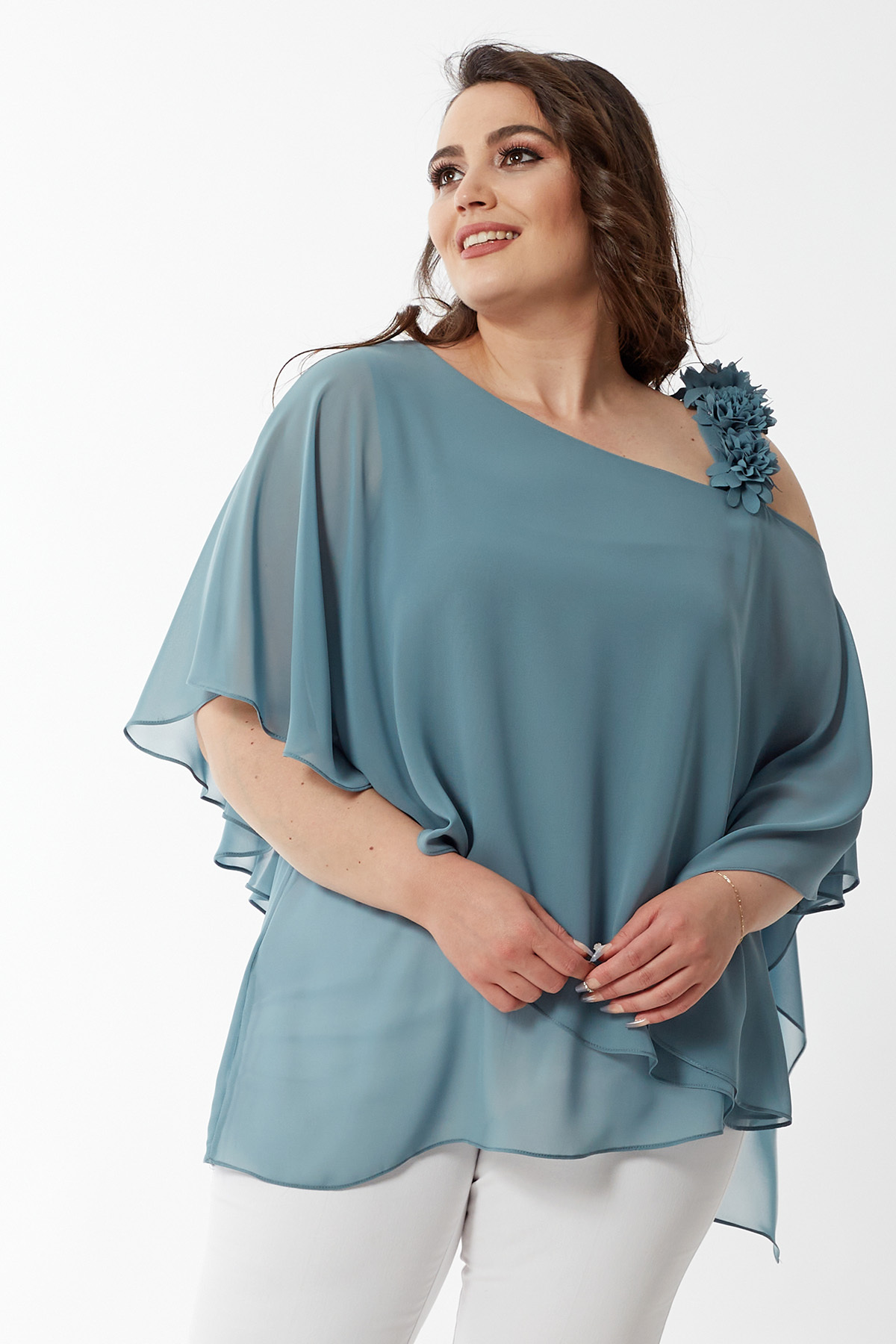 Moda Alba TEK OMUZ ÇİÇEKLİ PELERİN KOL BÜYÜK BEDEN ŞİFON BLUZ - Fiyatı ...