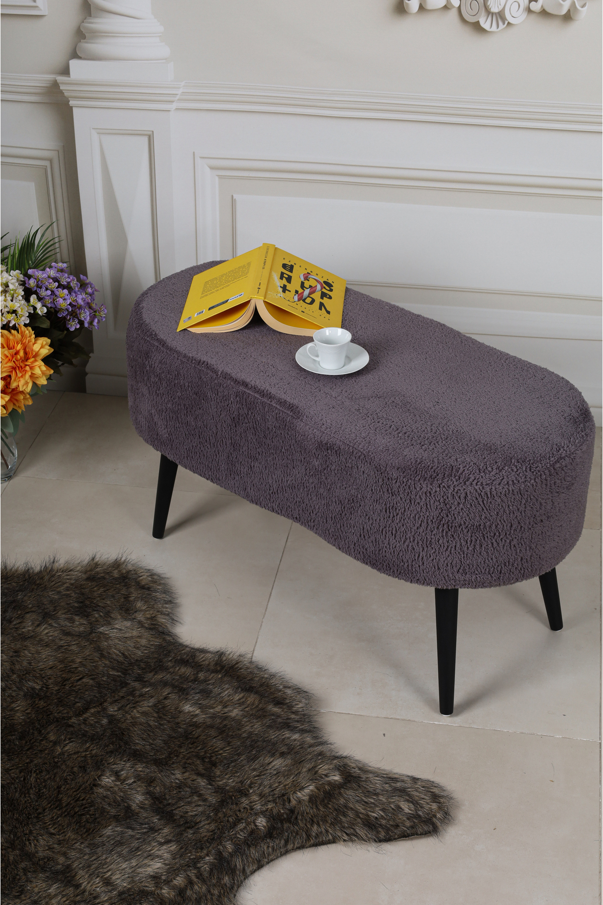 PufyHome LUNA PELUŞ ANTRASİT SİYAH AYAKLI 90 CM ÇOK AMAÇLI PUF BENCH ...