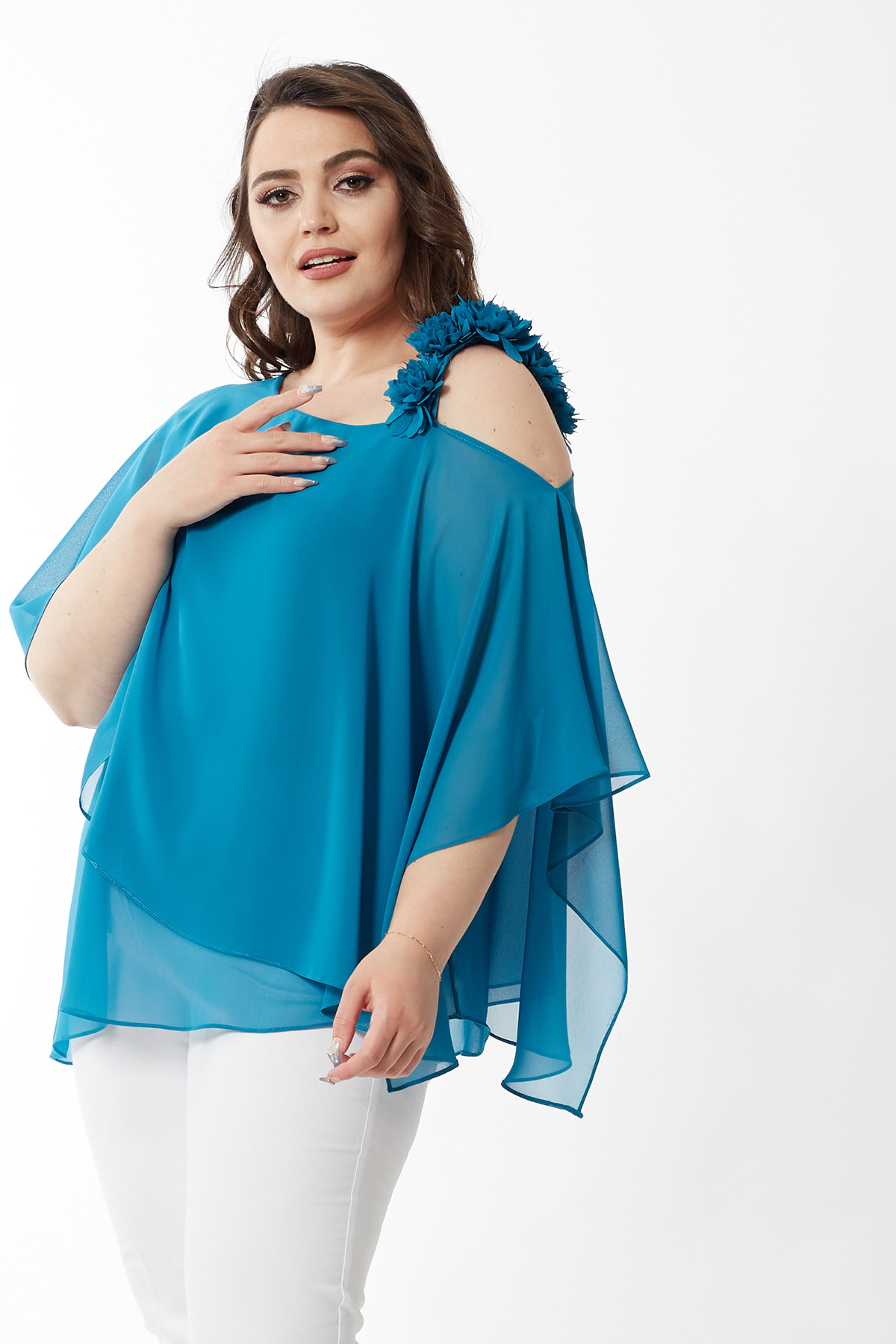 Moda Alba TEK OMUZ ÇİÇEKLİ PELERİN KOL BÜYÜK BEDEN ŞİFON BLUZ Fiyatı ...