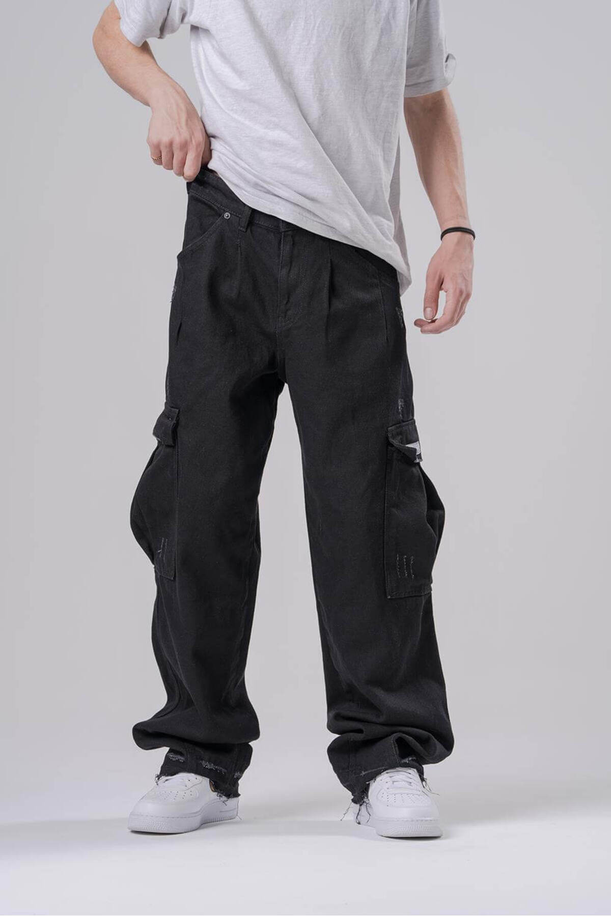 go gang own Chubby Siyah Cep ve Eskitme Paça Detaylı Baggy Pantolon ...