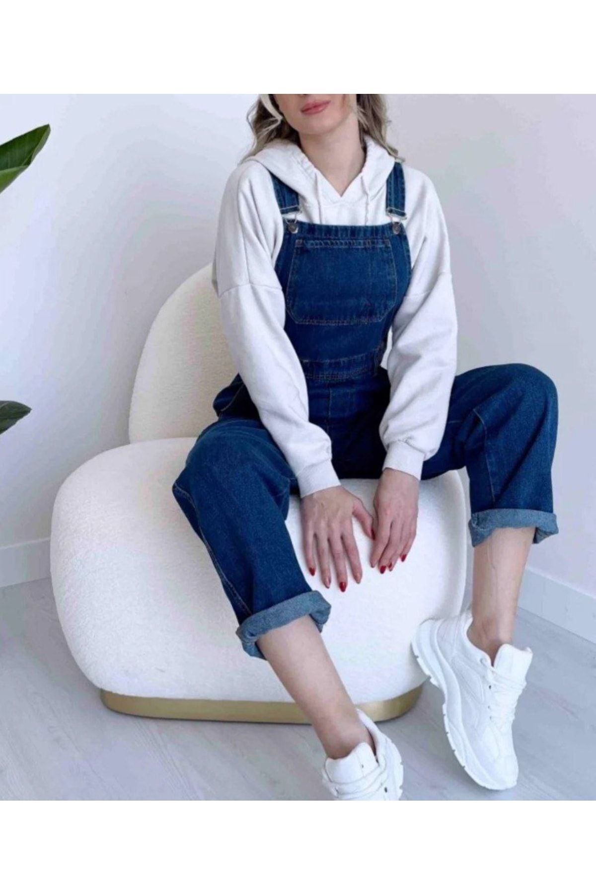 BelezaStore Kadın Koyu Mavi Denim Bahçıvan Salopet Spor Şık Kot Tulum ...