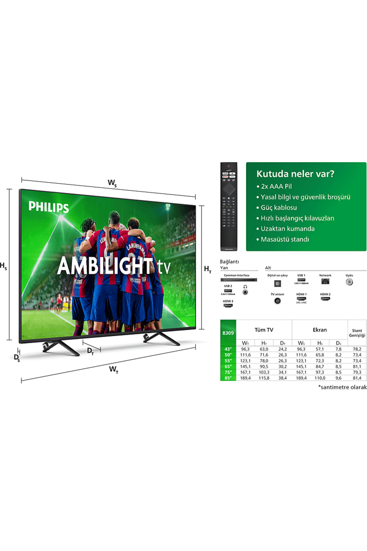 Philips 50PUS8309/62 50 inç 126 Ekran Smart 4K UHD Dolby Vision Dolby ...