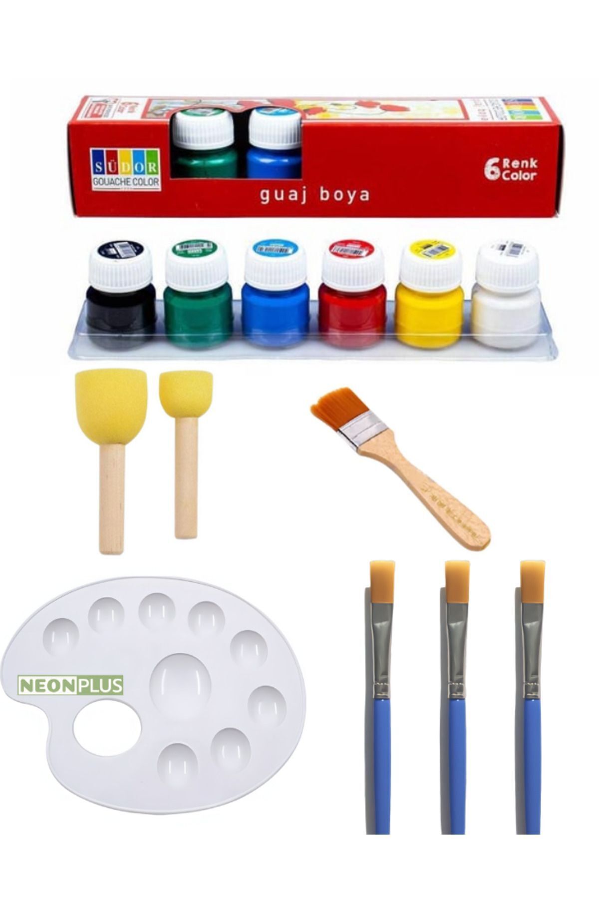NEON PLUS Guaj Boya 6x20ml, 3 Adet Fırça, 2'li ponpon, 1 Adet Zemin ...