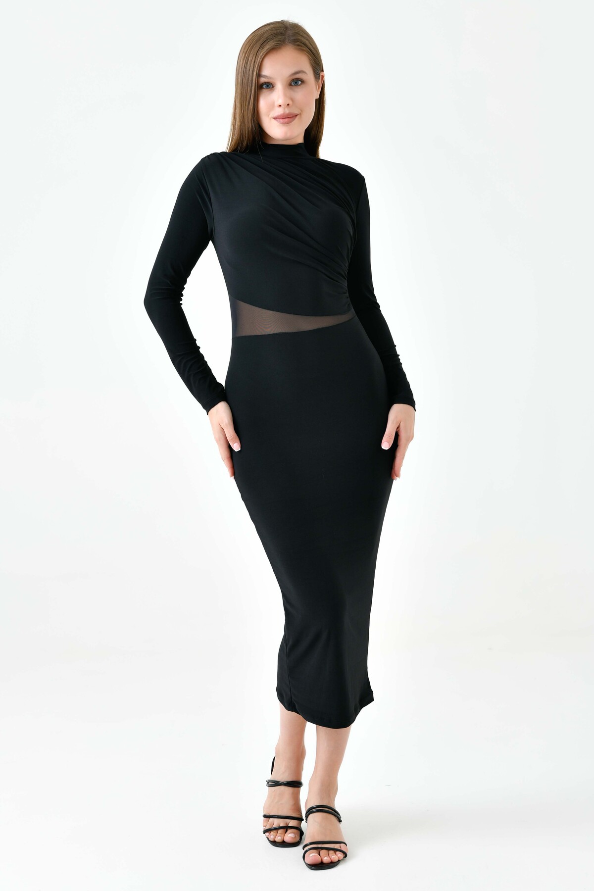 lovebox Esnek Sandy Kumaş Tül Dekolte Detaylı Dik Yaka Uzun Kollu Midi Boy Siyah Kalem Elbise ...