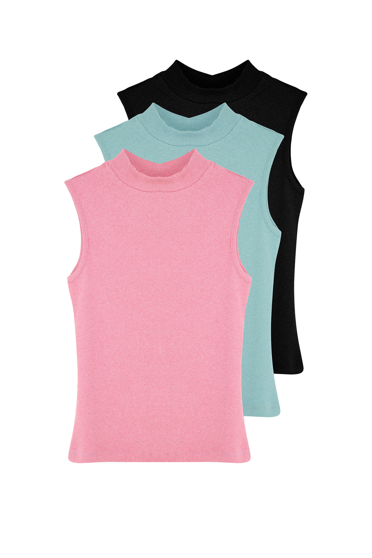 Trendyolmilla Siyah-Pembe-Mint 3'Lü Paket Fitted/Vücuda Oturan Fitilli Esnek Örme Bluz ...