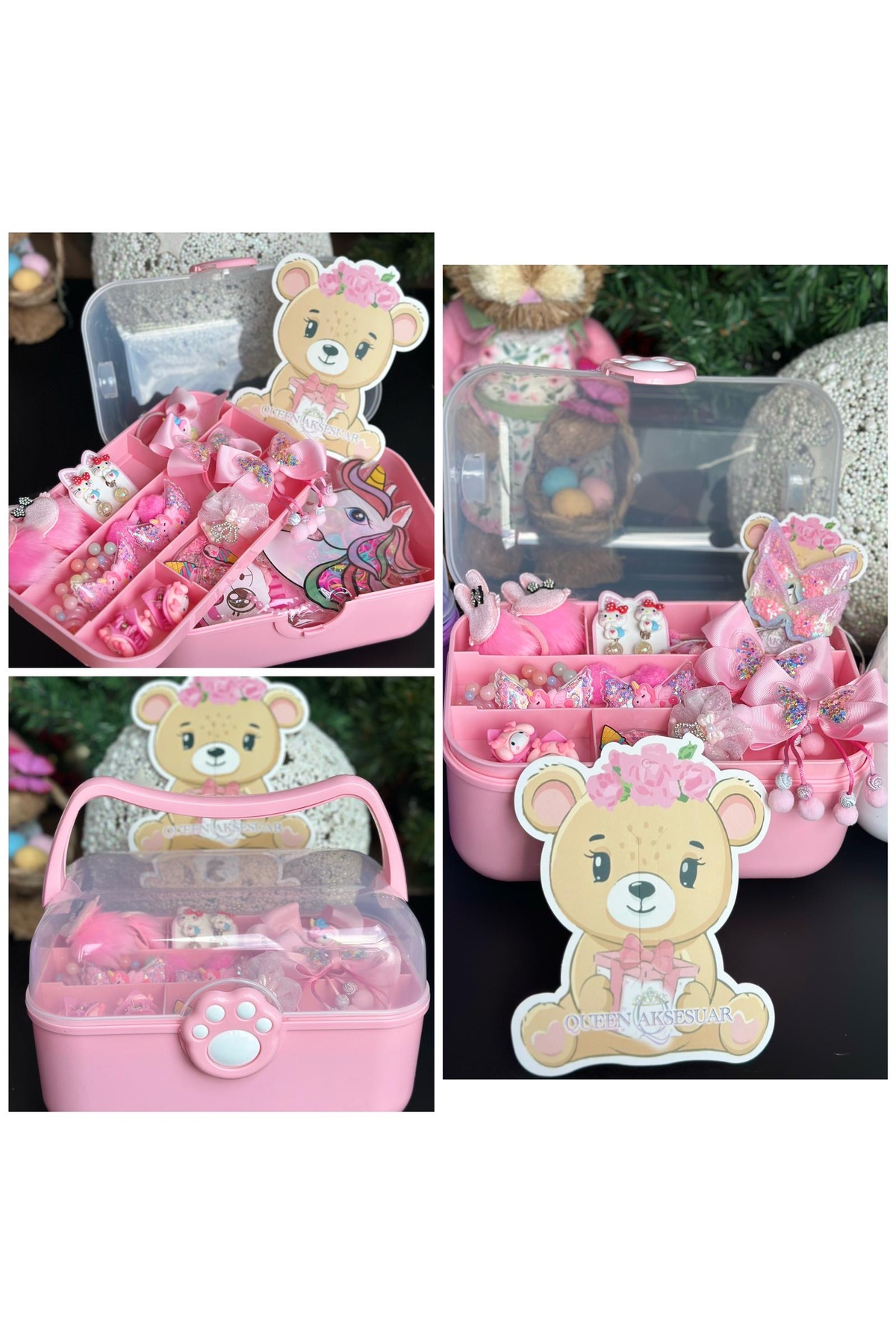 QUEEN AKSESUAR Dev katlı pembe kutulu 30 parça karışık lastik toka taç ...