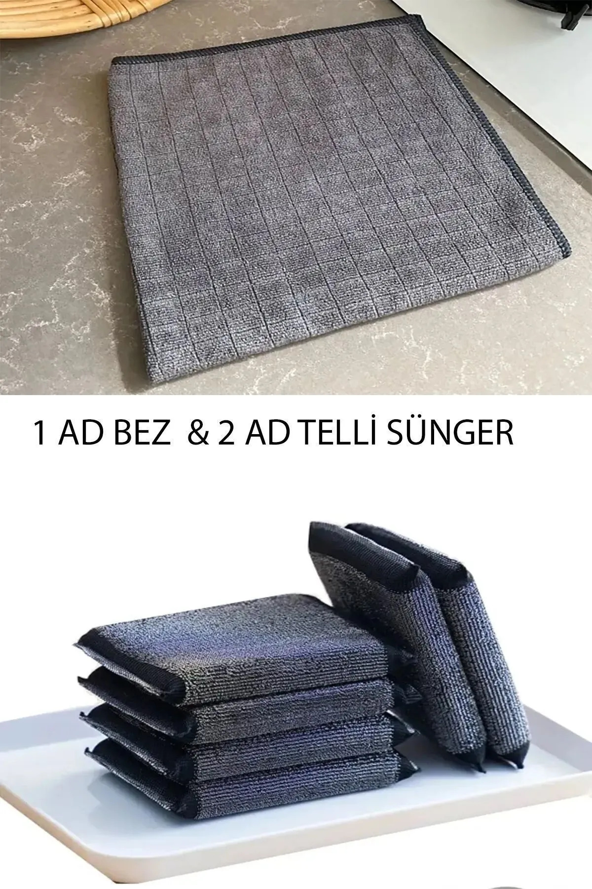 Emir-AYDIN 2 ADET. Telli Sünger & 1 ADET Mikrofiber El Bezi Gri Renk 40 ...