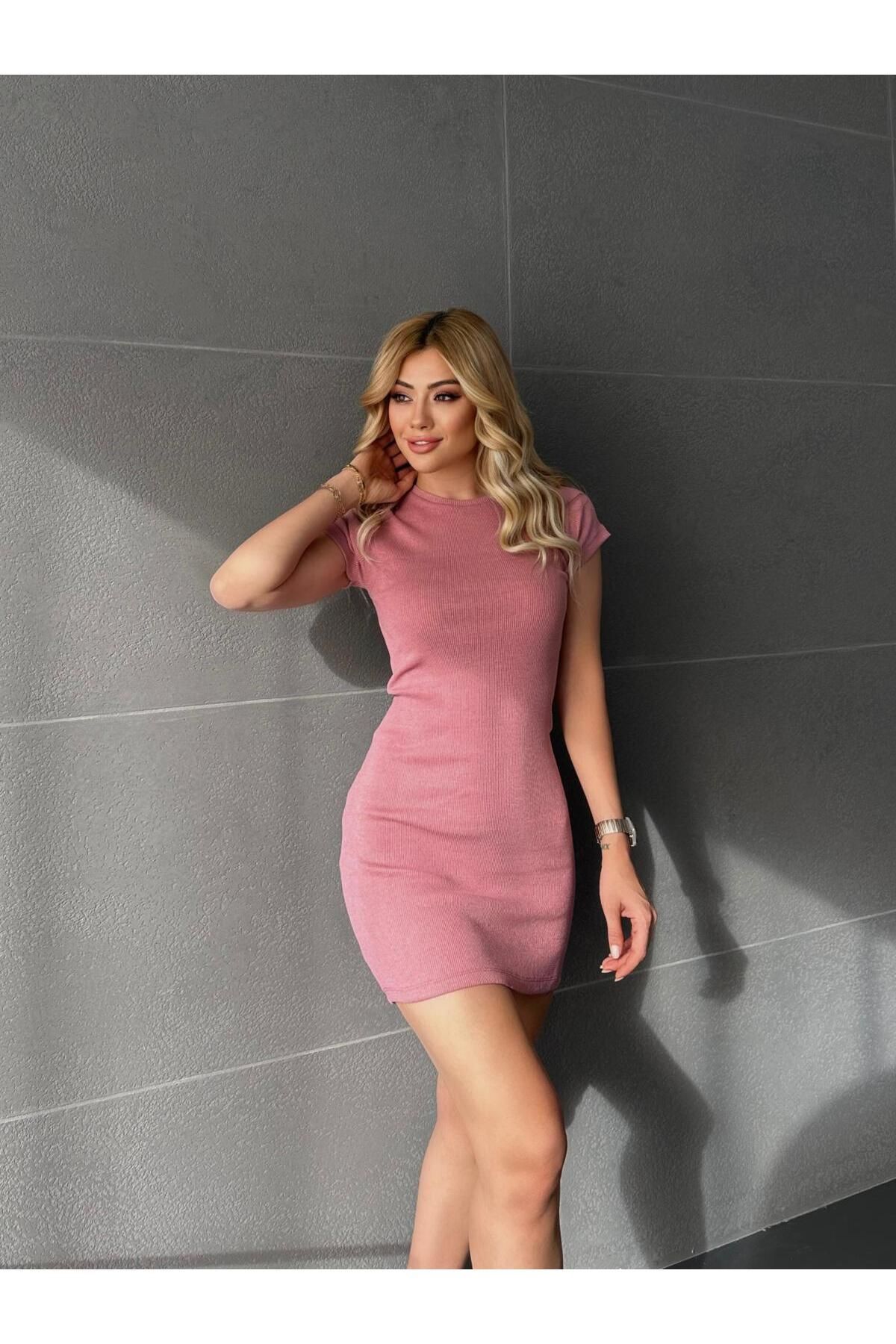 Qazel Kadın Bisiklet Yaka Elbise Kaşkorse Kısa Kollu Fitilli Vücudu ...