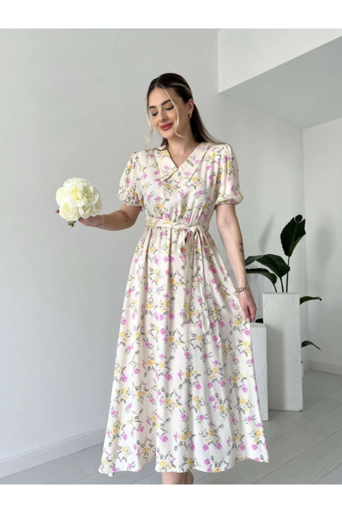 buqre's moda Trend Yeni Sezon Bebe Yaka Kuşaklı Viskon Midi Elbise ...