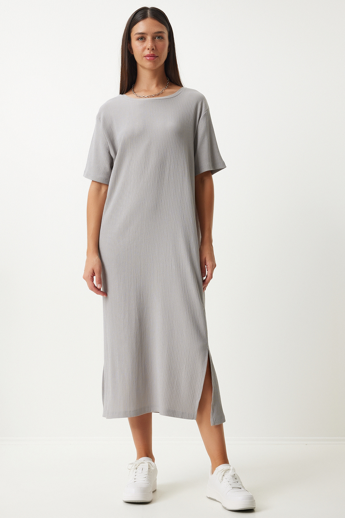 Happiness İstanbul Kadın Gri Bol Uzun Günlük Örme Elbise DZ00076 ...