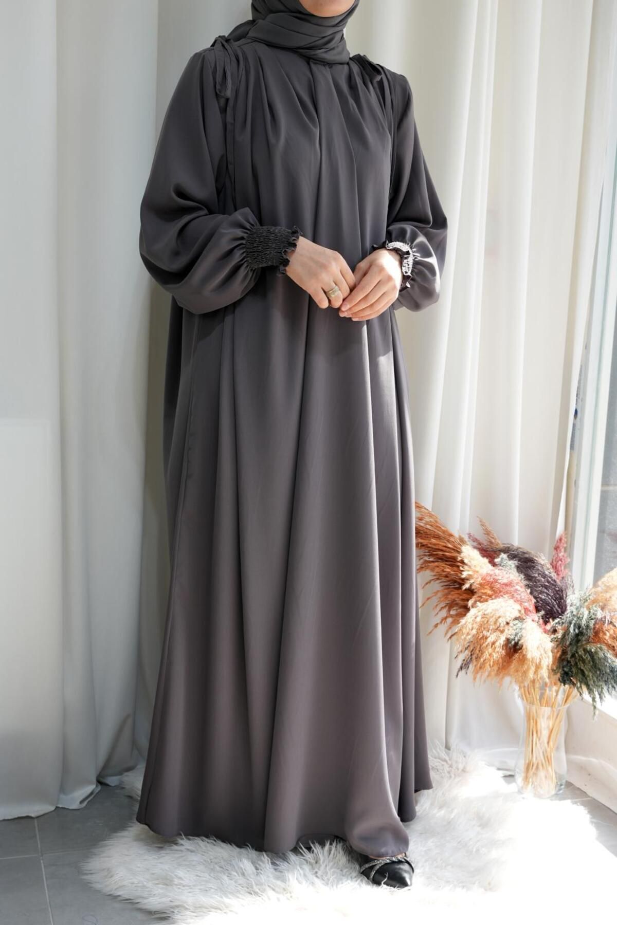 afife Model Halide Medine İpeği Omuzları Kurdeleli Tesettür Elbise (Şal ...