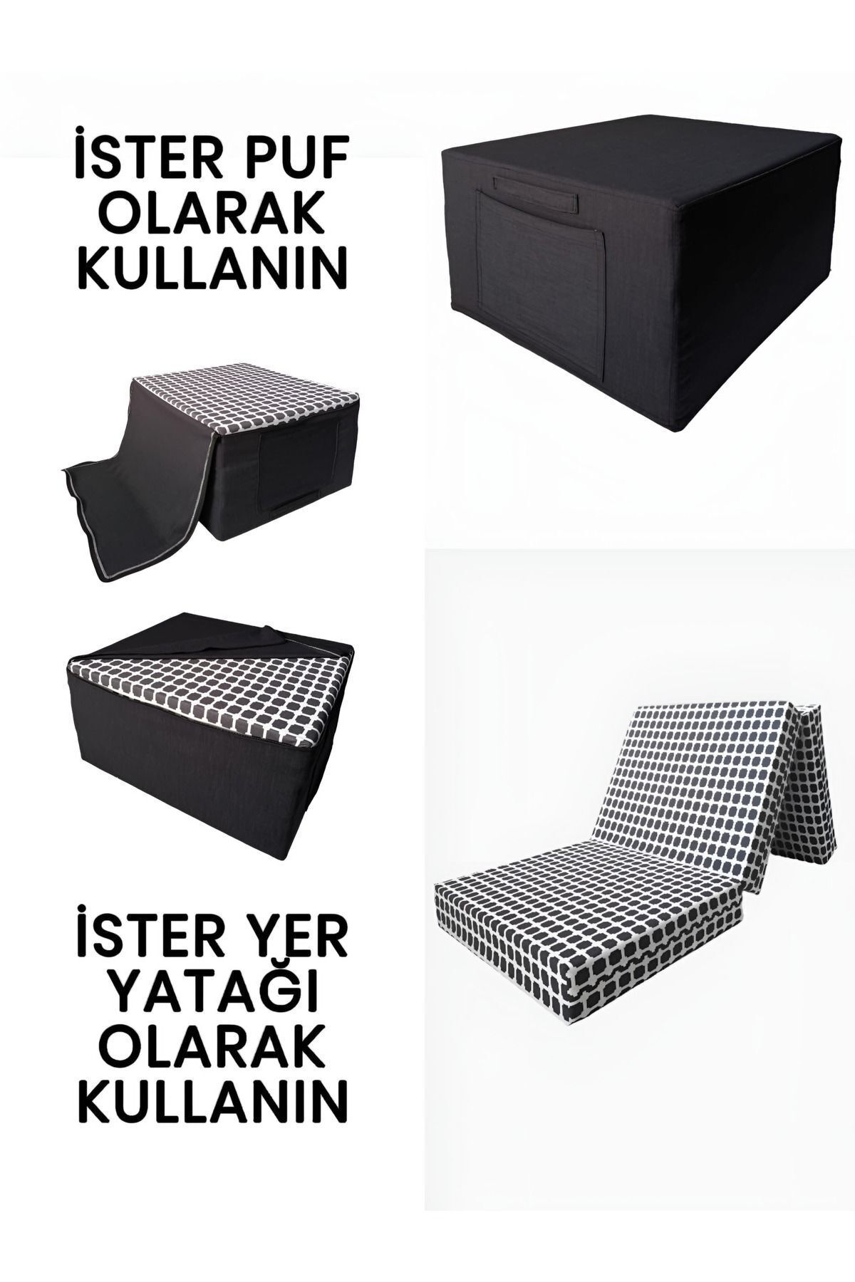 LENSA HOME Sürpriz Katlanır Yataklı Puf Akustik Antrasit/Keten Antrasit ...