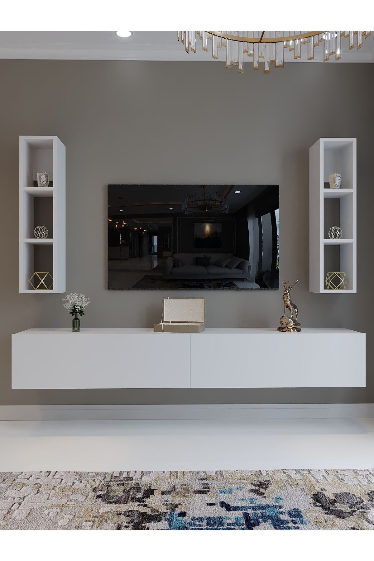 Myniture Home & Living Festival Tv Sehpası Q6401-1 Beyaz Parlak Minifiks Bağlantı Duvara Monte ...