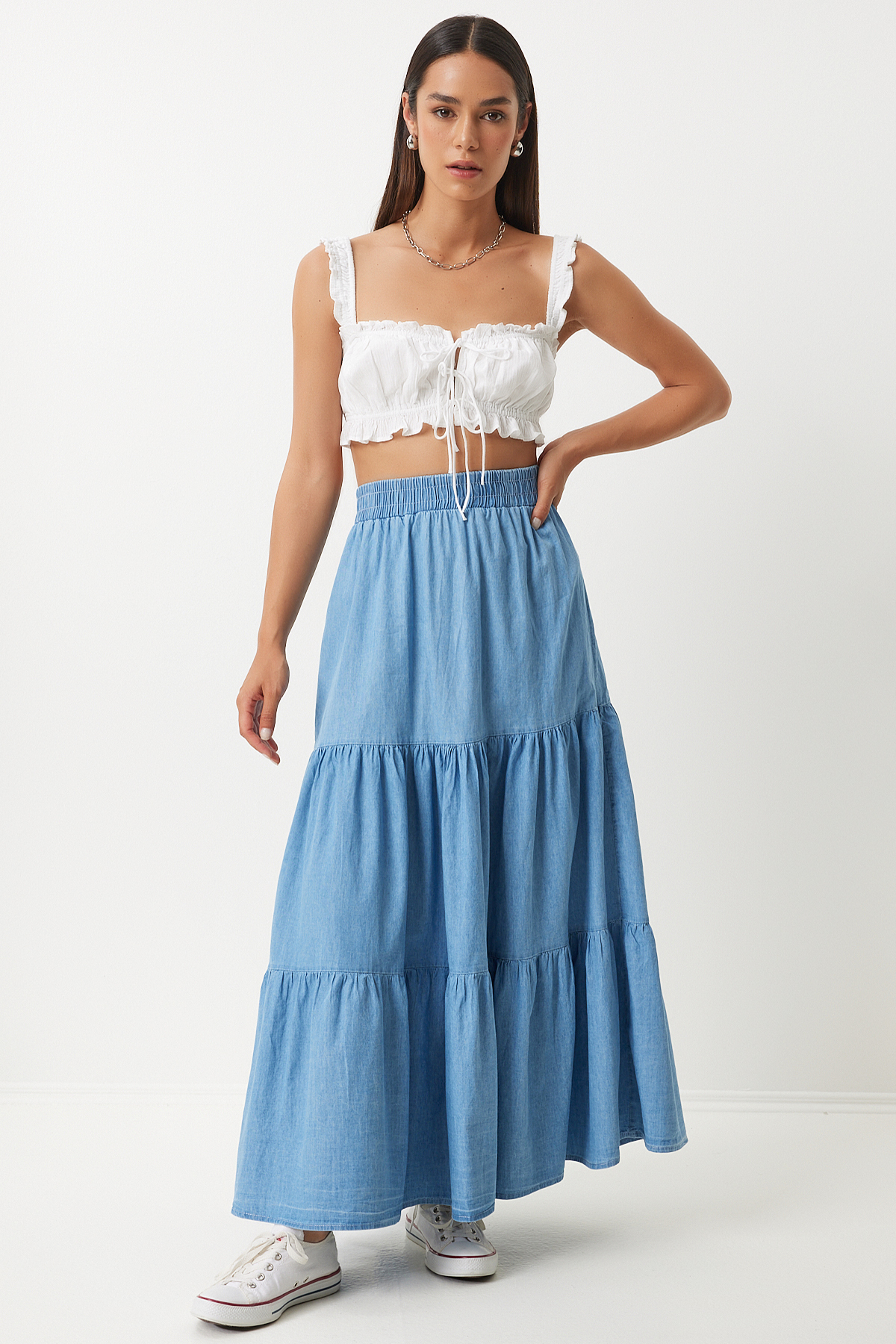 Happiness İstanbul Kadın Mavi Volanlı Uzun Denim Etek DD01329 Fiyatı ...