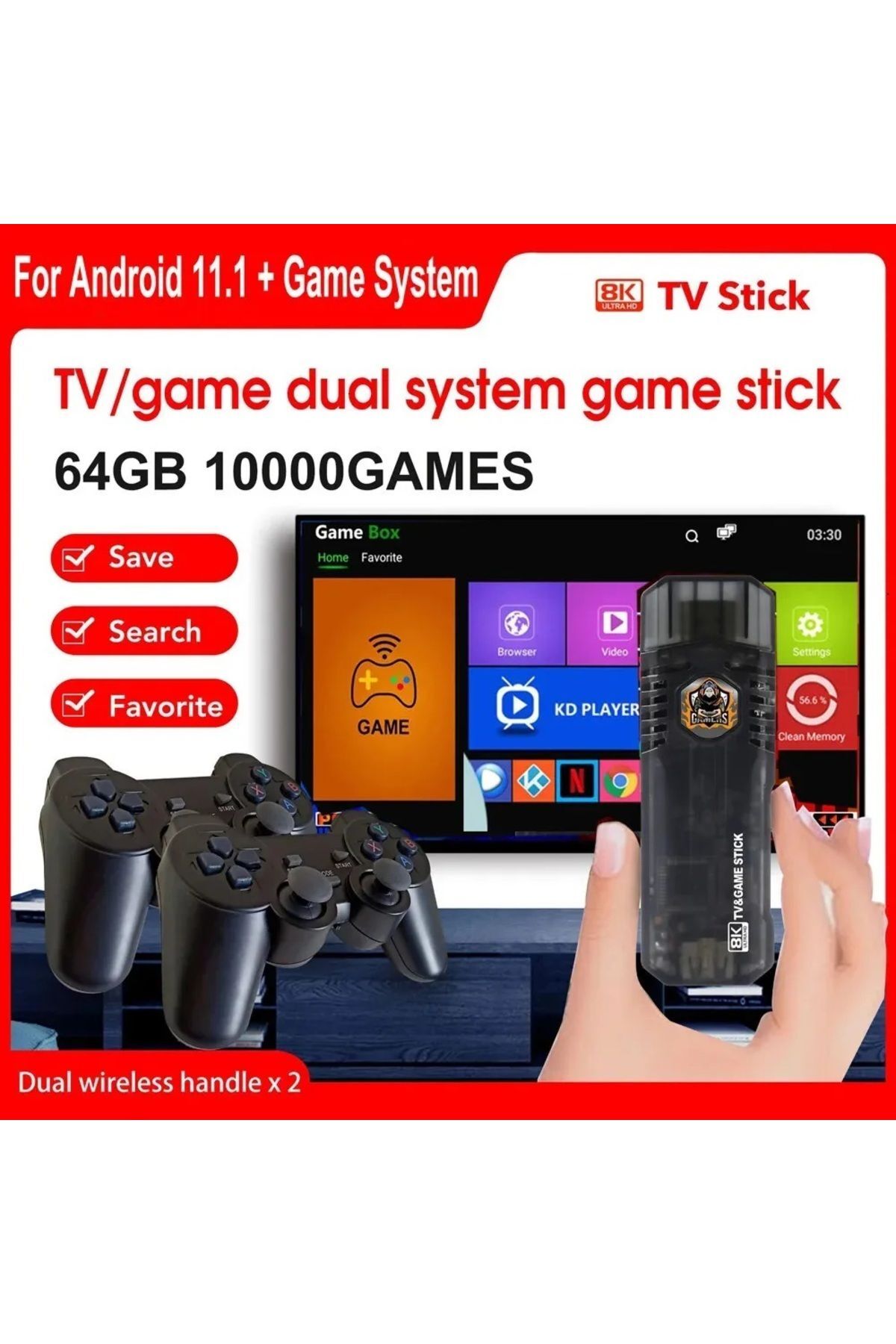 Dragon 8k Game Box Android TV stick Wifi Kablosuz Çift Kol Retro ...