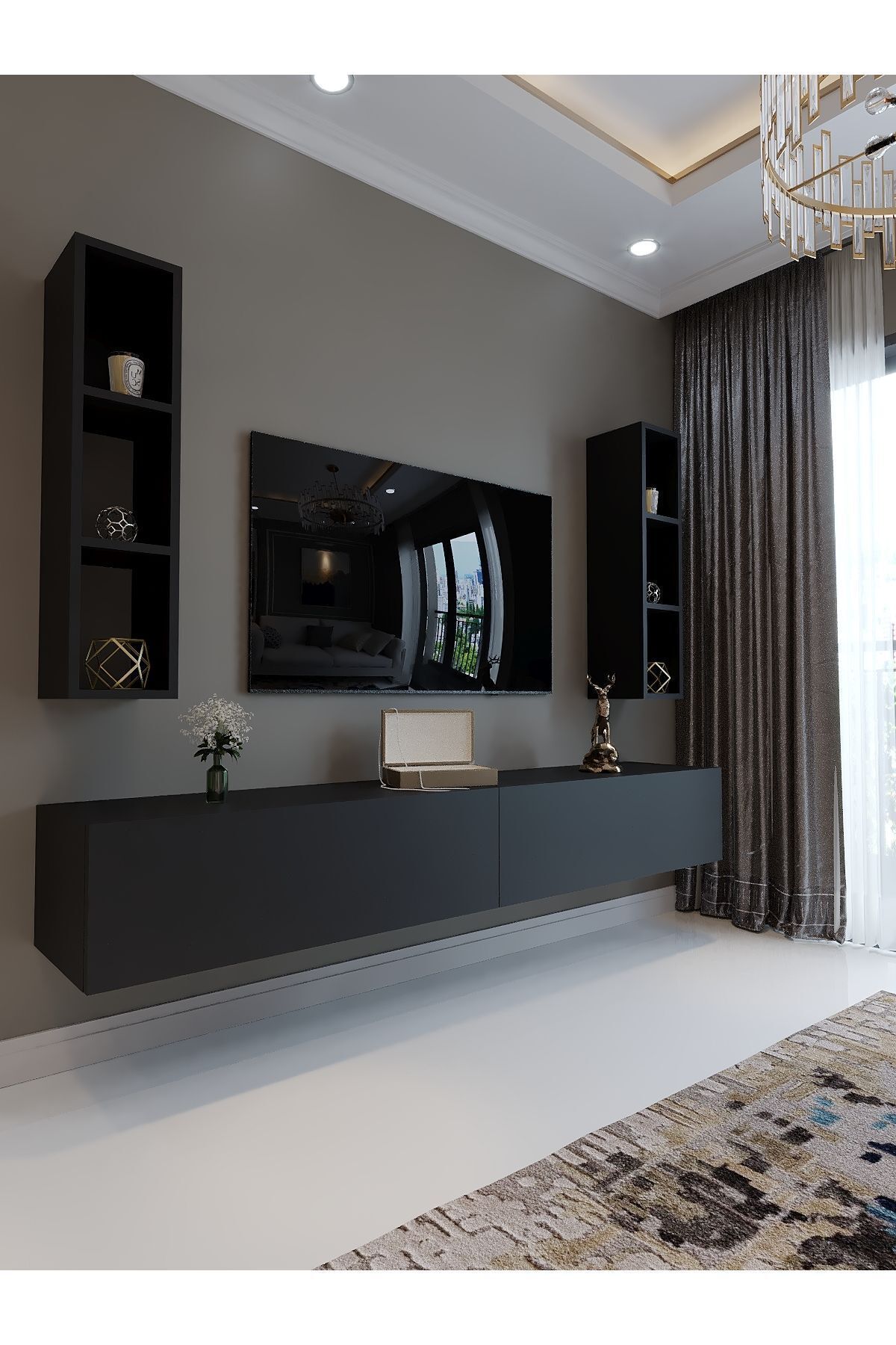 Myniture Home & Living Festival Tv Sehpası Q6401-4 Antrasit Minifiks Bağlantı Duvara Monte Tv ...