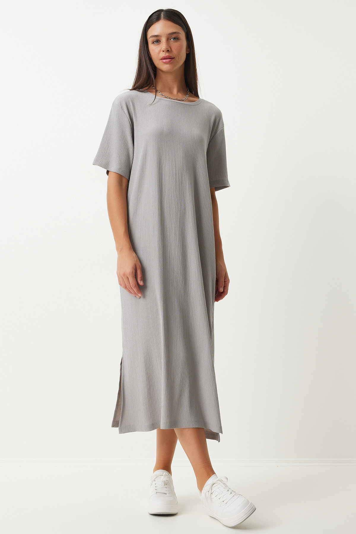 Happiness İstanbul Kadın Gri Bol Uzun Günlük Örme Elbise DZ00076 ...