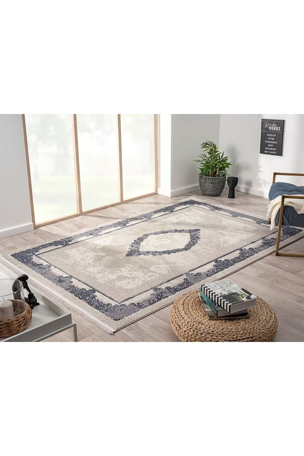 Karmen Soft 716 Gri Halı Lacivert Kenar Çerçeveli Göbekli Modern ...