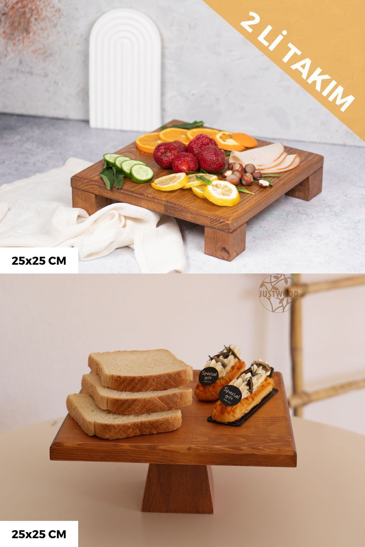 justwood 2 li Tityos Küp Ayaklı 25x25 Cm Ve Piramit 25x25 Cm Ahşap Kare Pasta Sunum Servis ...