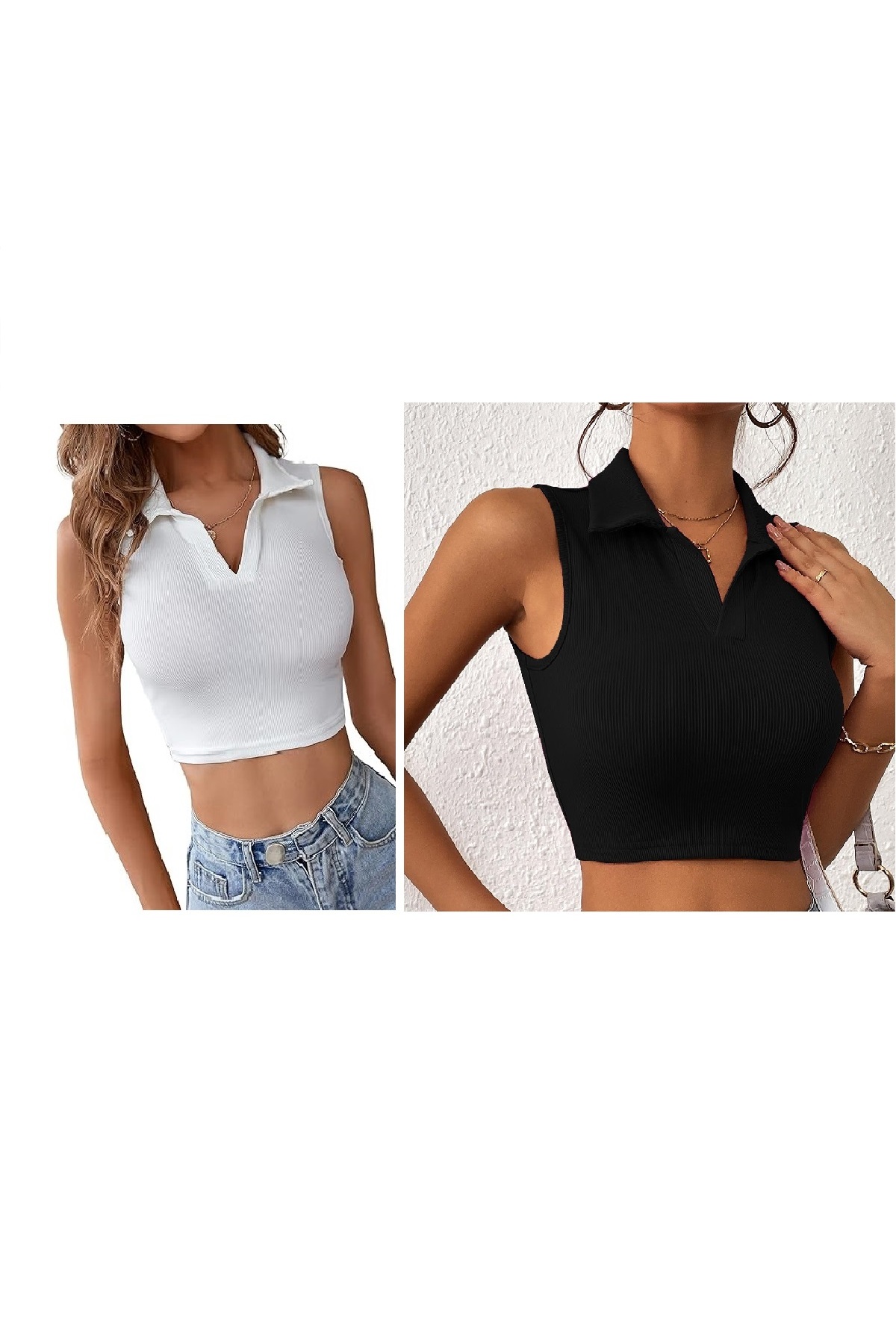 EDİ SHOP Kadın 2'Li Polo Yaka Sıfır Kol Fitilli Bluz Crop Fiyatı ...