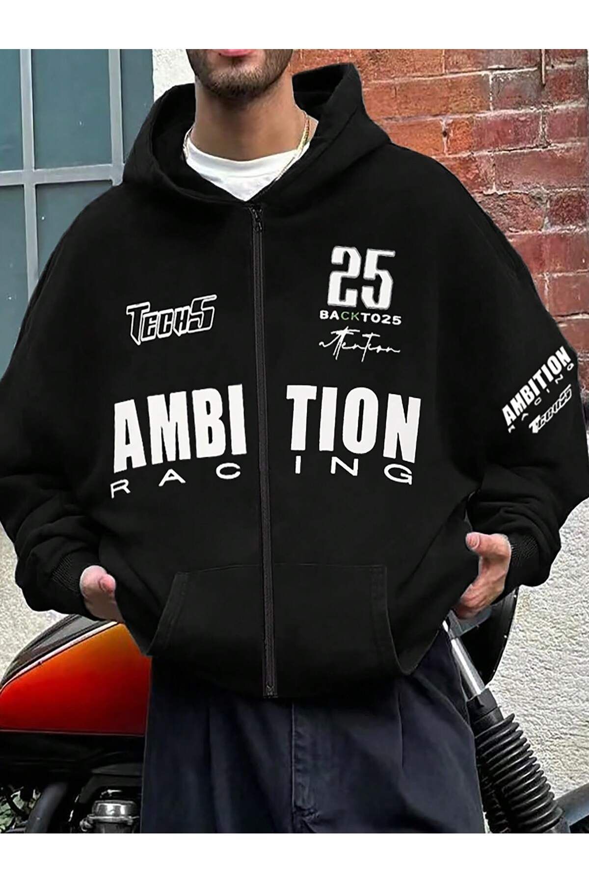 modaberry Ambition Racing Fermuarlı Hırka - Siyah Baskılı Oversize ...