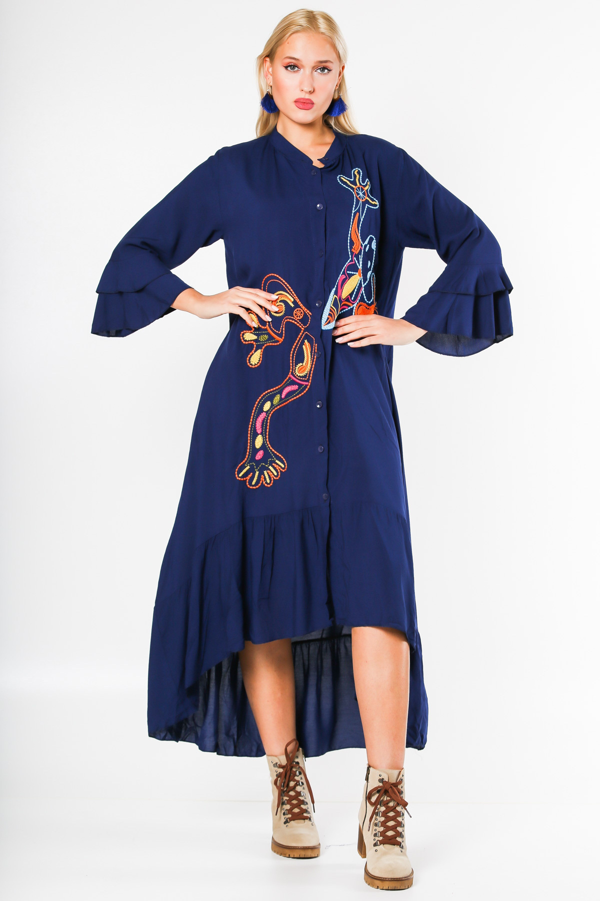 Chiccy Lacivert Dik Yaka Fırfırlı Kol Düğmeli Kol Ve Etek Ucu Fırfırlı ...