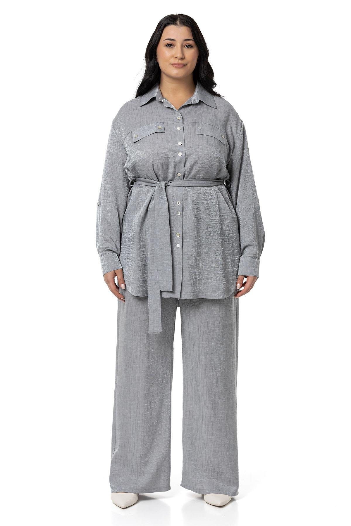 DISENTIS MODEST Büyük Beden Pırıltılı Kumaş Gömlek Pantolon Gri İkili ...