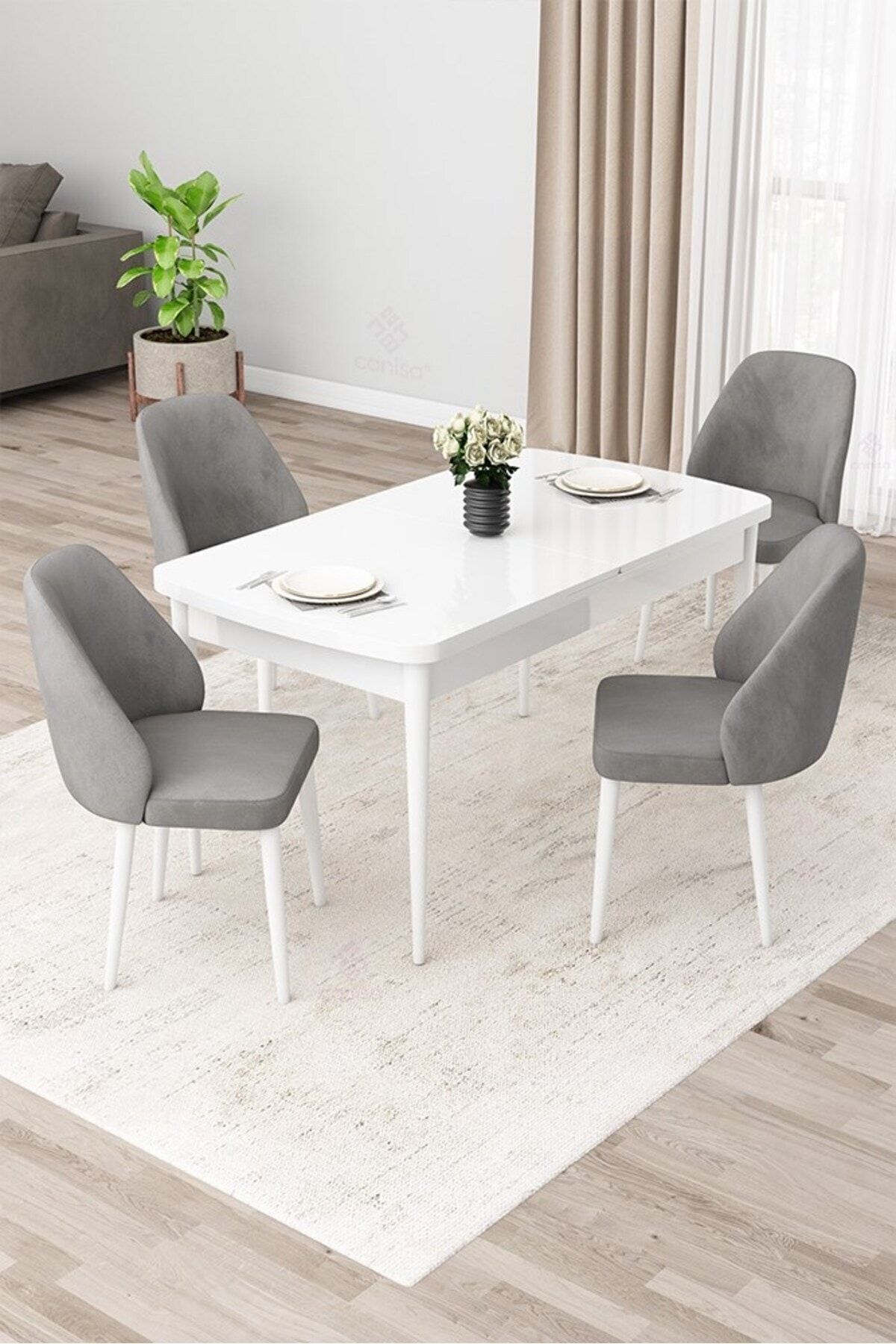 Canisa Orf Serisi 80x132 Açılabilir Beyaz Mutfak Masası Takımı Ve 4 Gri ...