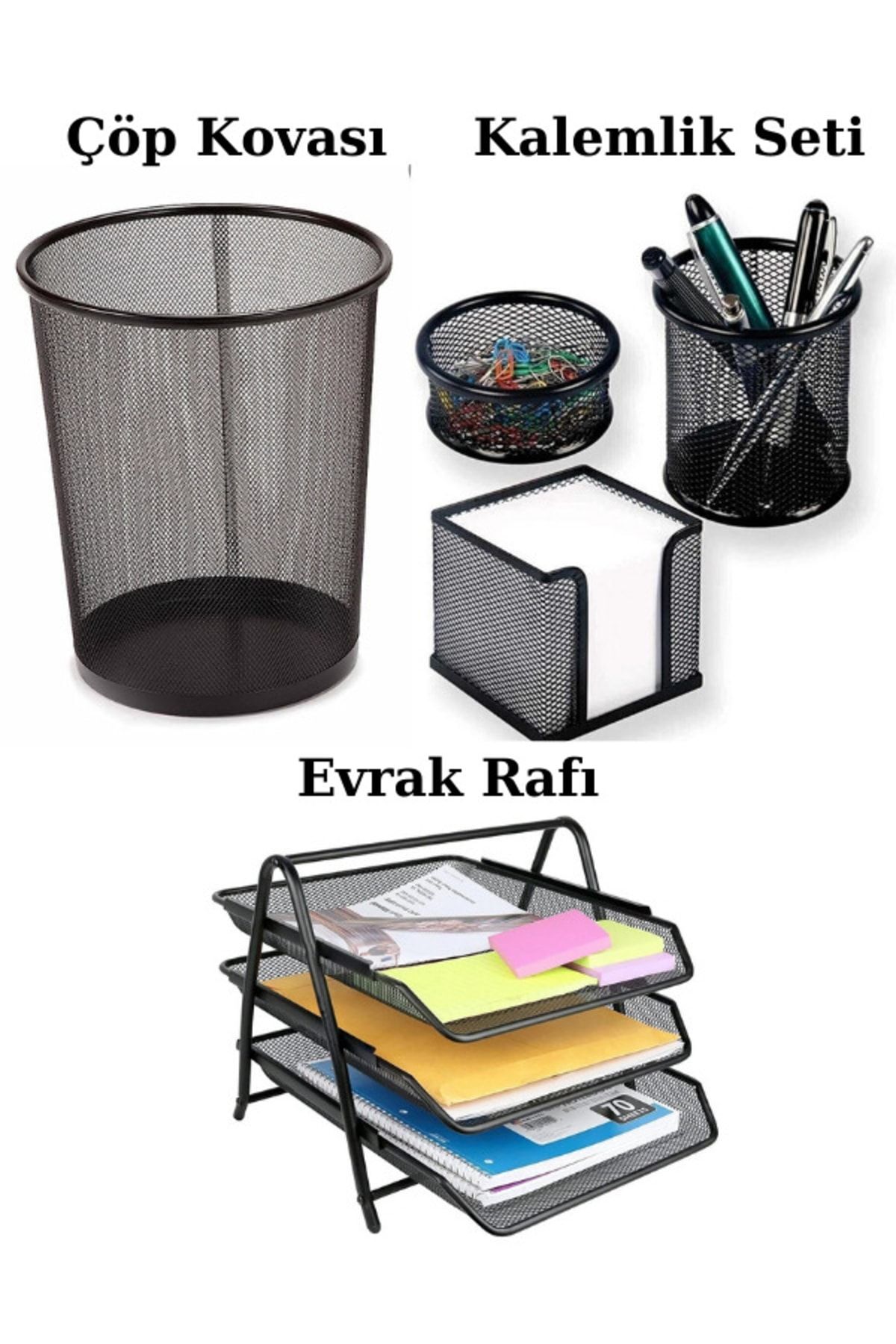 Janissary Siyah Evrak Rafı + Metal Fileli 3'lü Kalemlik Seti + Çöp ...