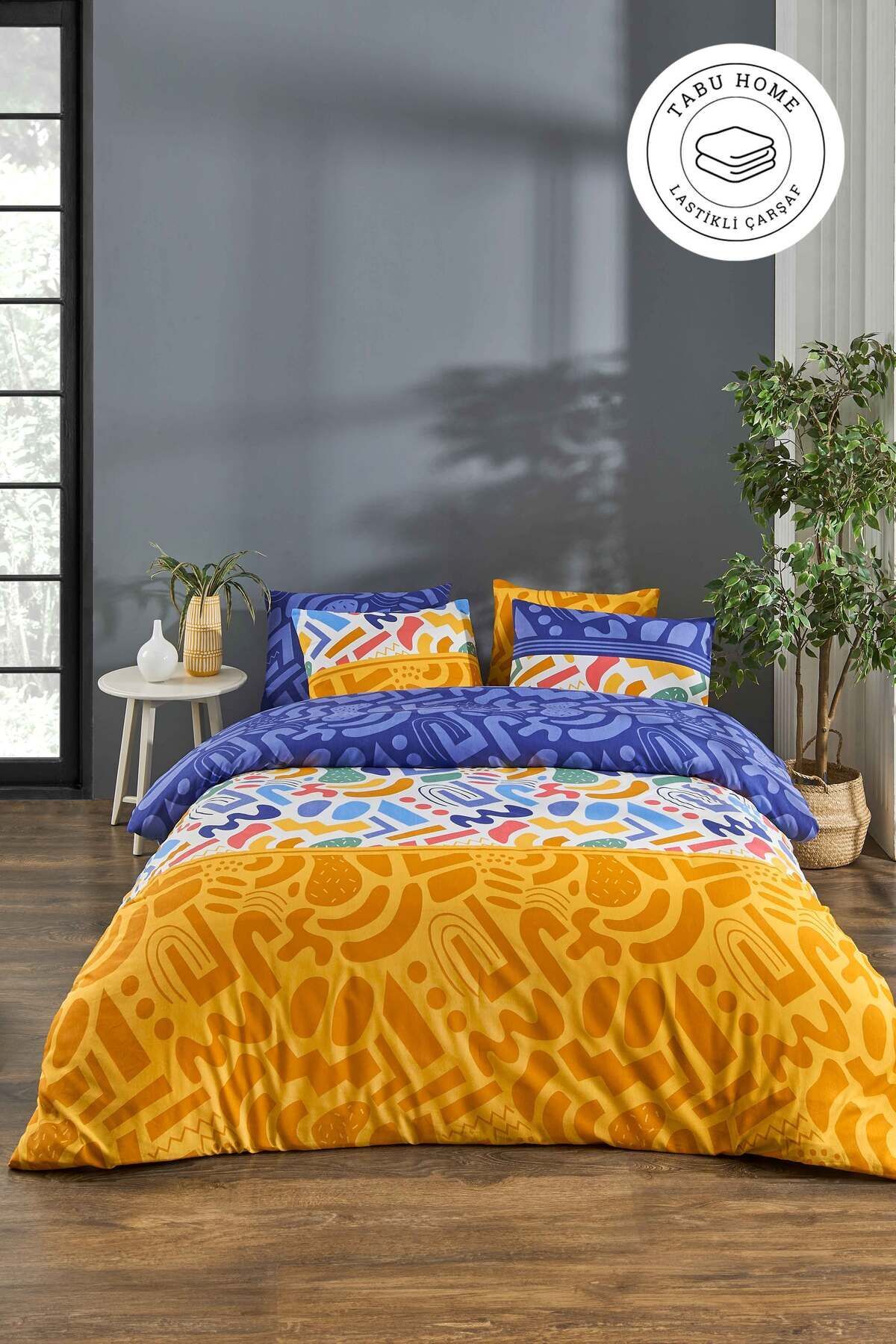 Tabu Home Doodle Renkli Çarşafı Lastikli Çift Kişilik Nevresim Takımı ...