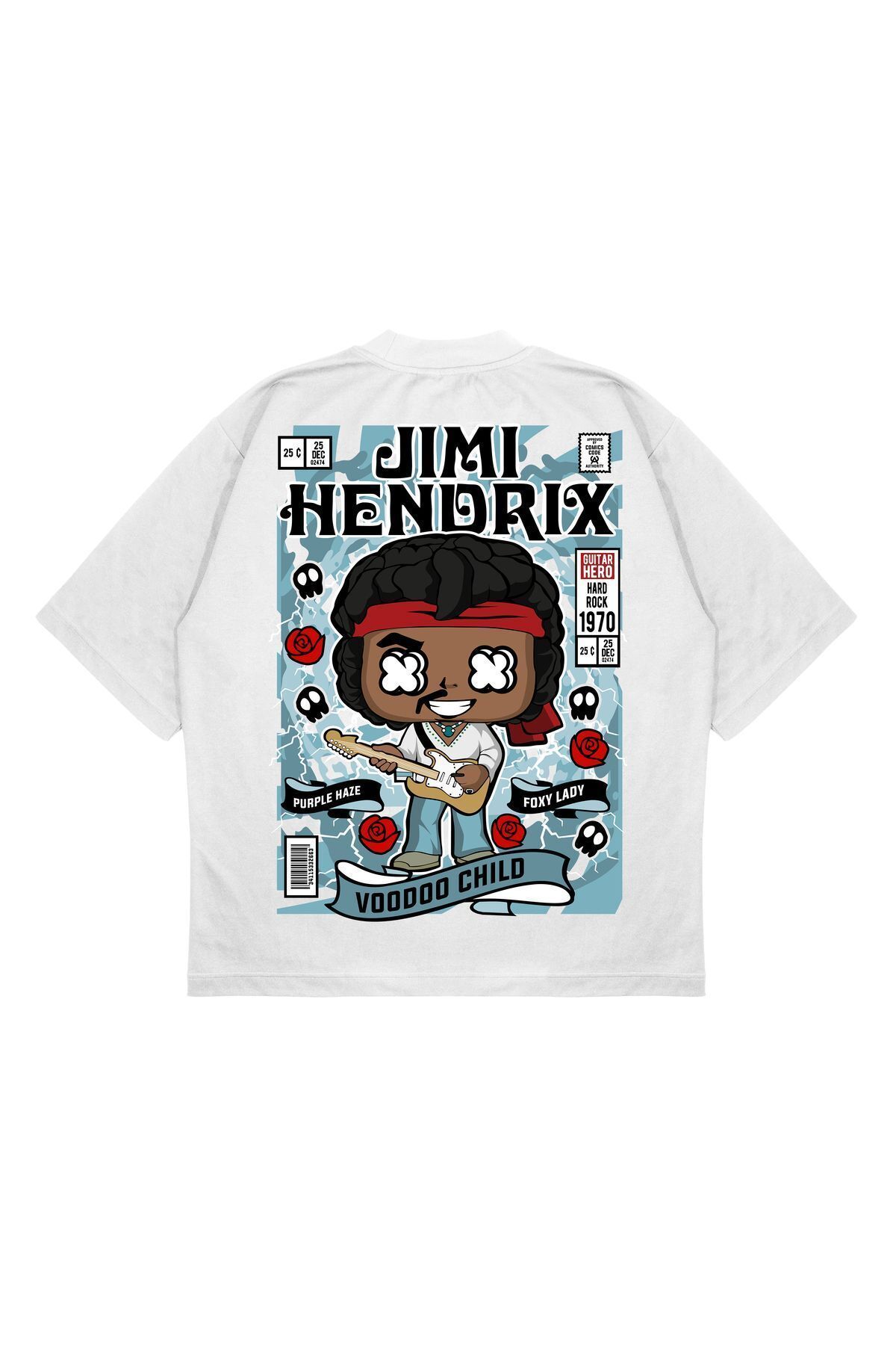 Pure Effect Jimi Hendrix Sirt Baskili Oversize Unisex 100 Pamuklu Nefes Alan Kalin Kumaşli T