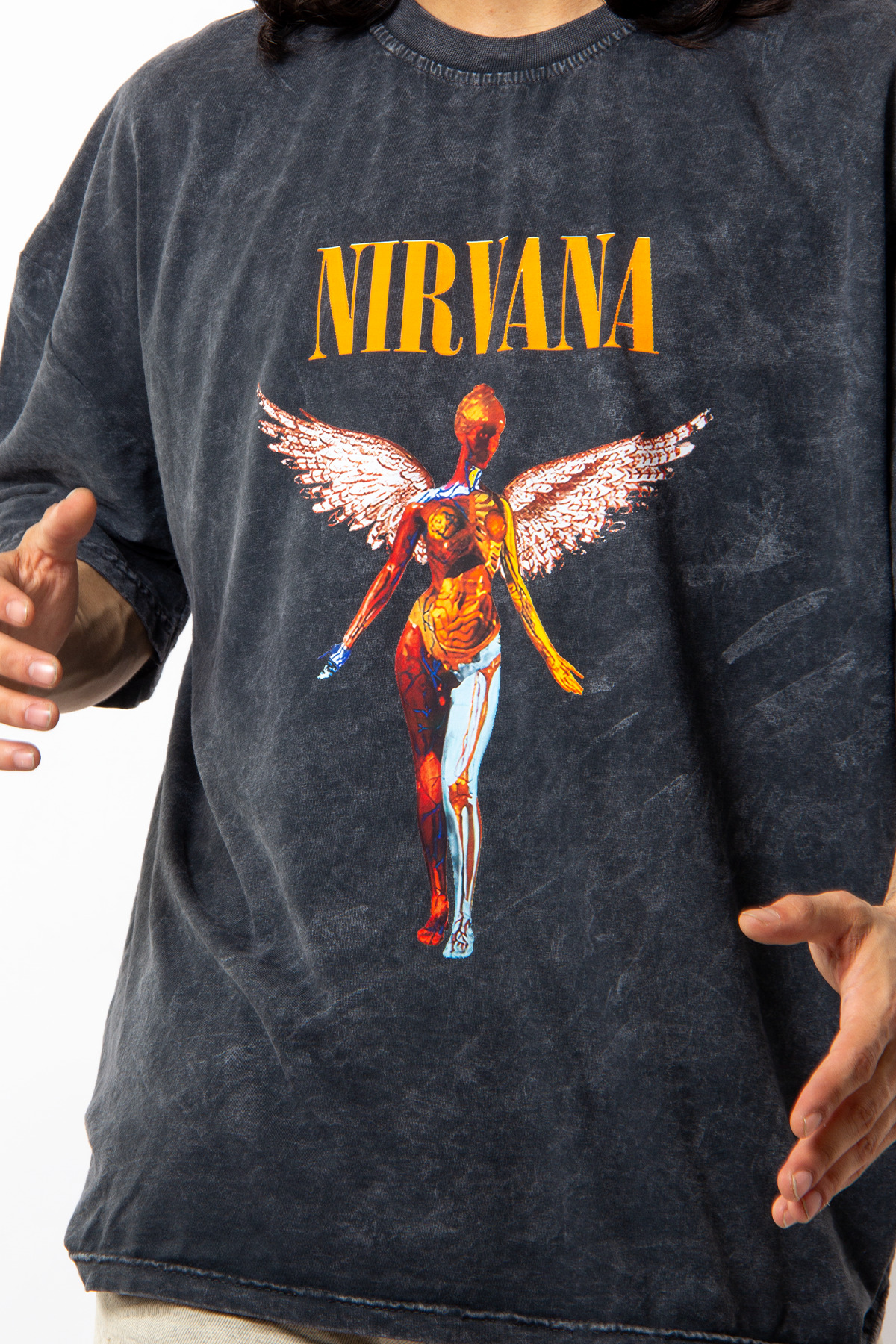Sekizbiraltı Nirvana Angel Baskılı Oversize Unisex Yıkamalı Füme Tshirt ...
