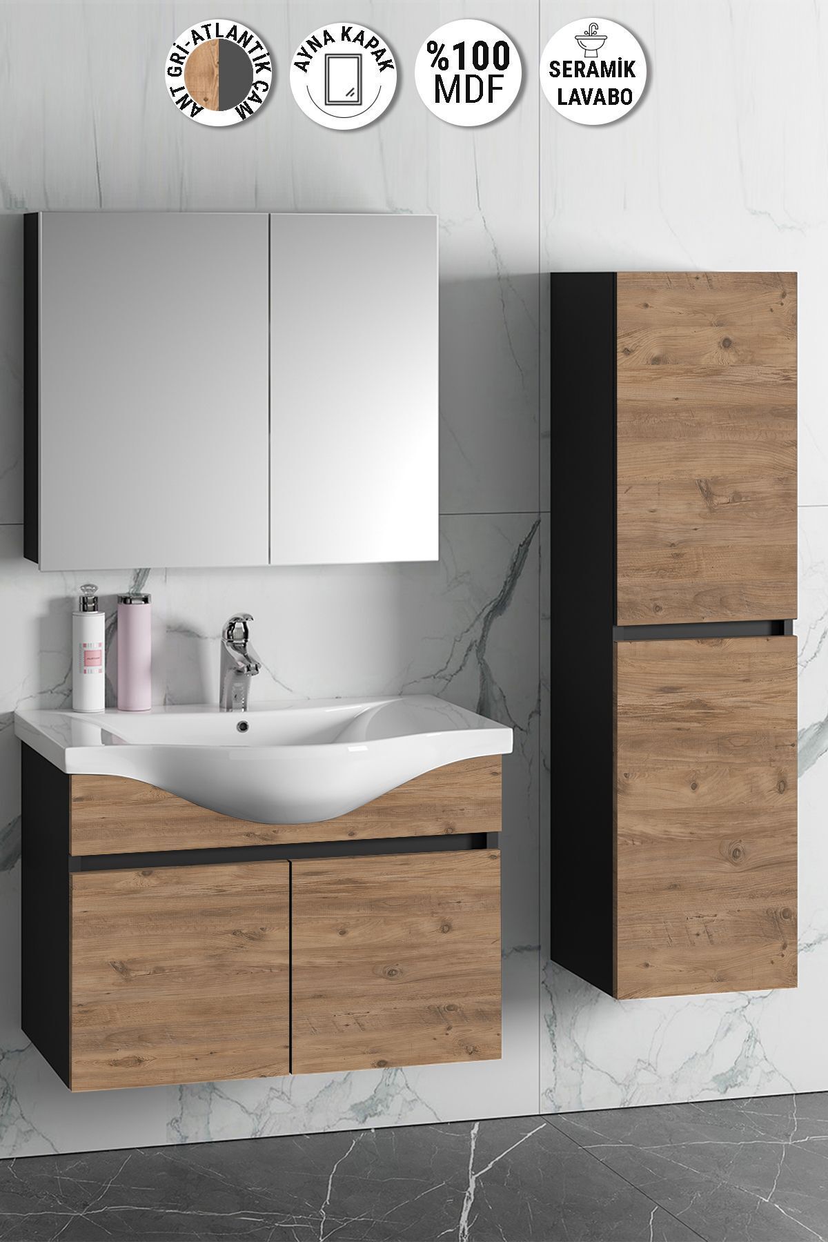 ÖZCEDEN 80 35 Cm Antrasit Gri Mat-atlantik Çam Mdf Seramik Lavabolu ...