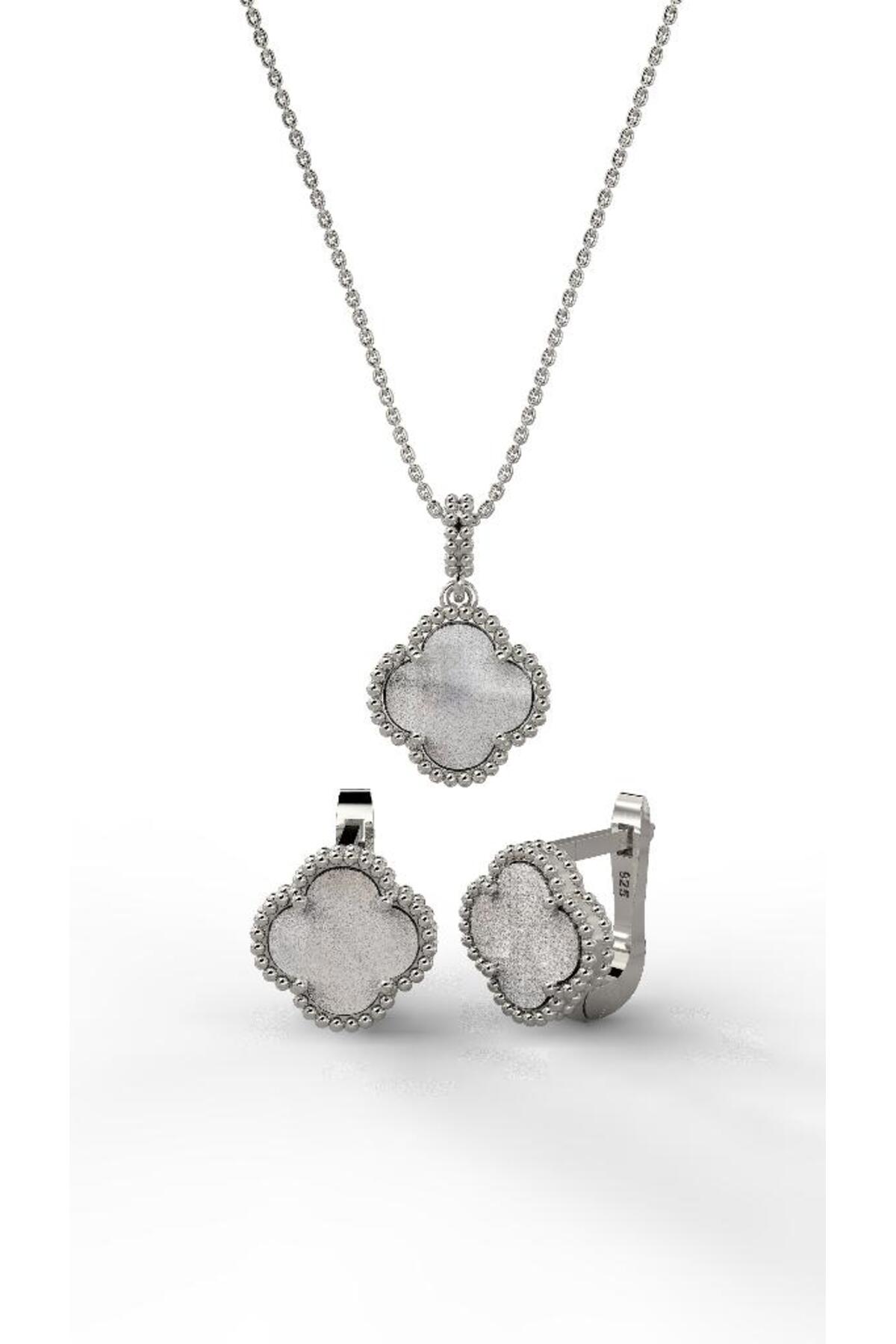 Roza Silver 925 Ayar Beyaz Sedef Taşlı Rodyum Yonca Kolye Küpe 2'li ...