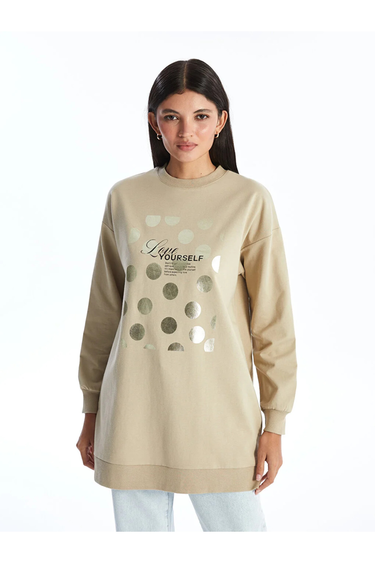 LC Waikiki LCW Modest Bisiklet Yaka Baskılı Kadın Sweatshirt Tunik ...