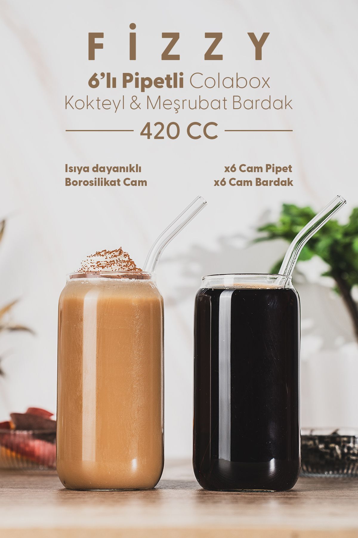 Fhilli Fizzy 6'lı Pipetli Colabox Isıya Dayanıklı Borosilikat Cam Kokteyl ve Meşrubat Bardak ...